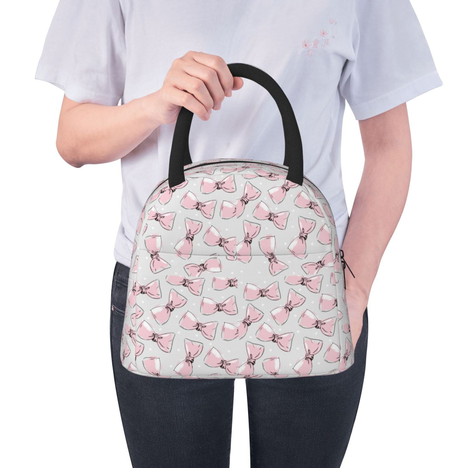 Ratiio Cute Bow Tie Print Insulated Lunch Bag Women Reusable Lunch Box ...