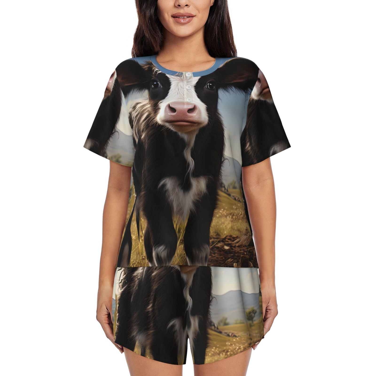 Ratiio Cute Prairie Cow Print Womens Pajama Sets 2 Piece Soft Short ...