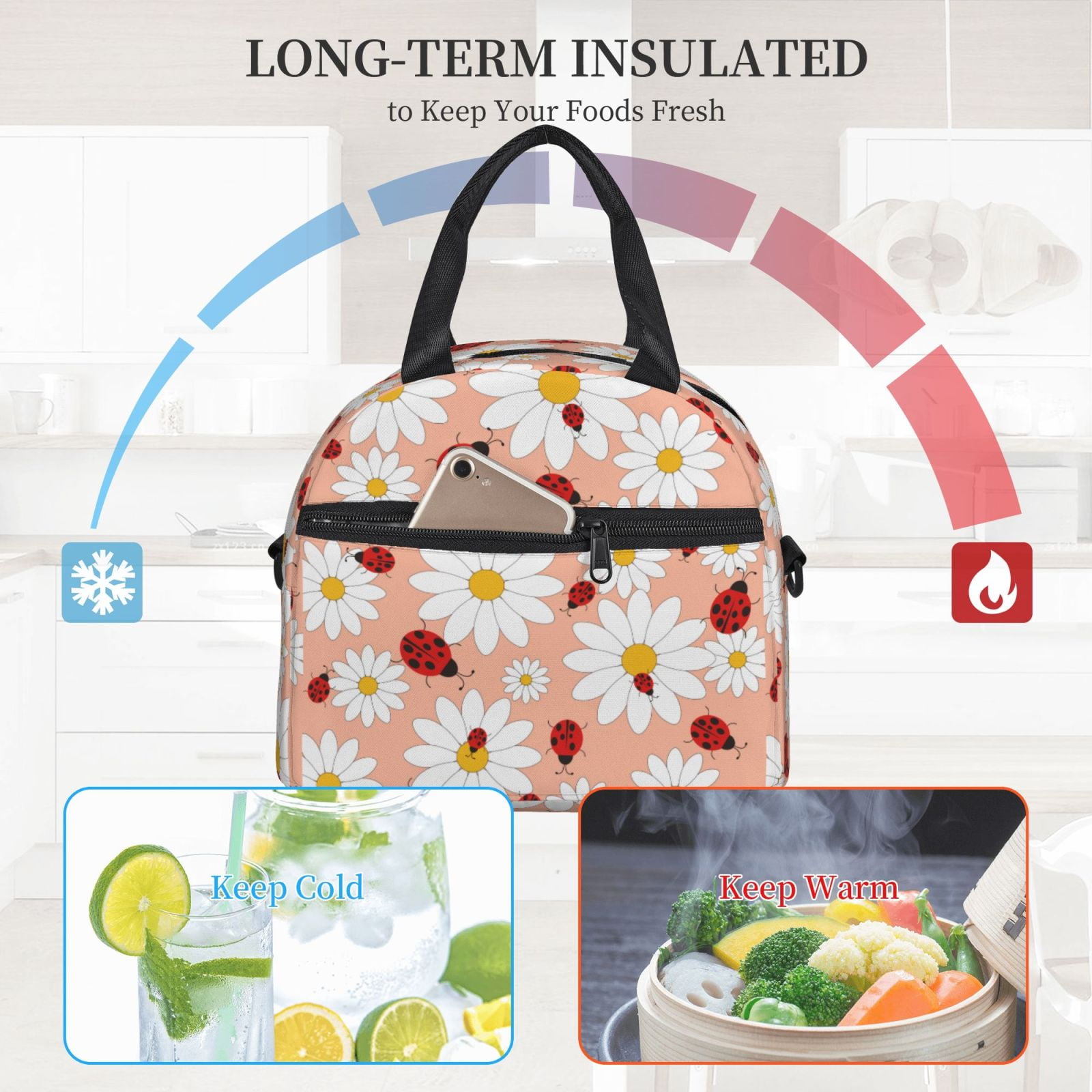 Ratiio Daisy and Ladybug Pattern Lunch Bag ,Insulated Lunch Box, Small ...