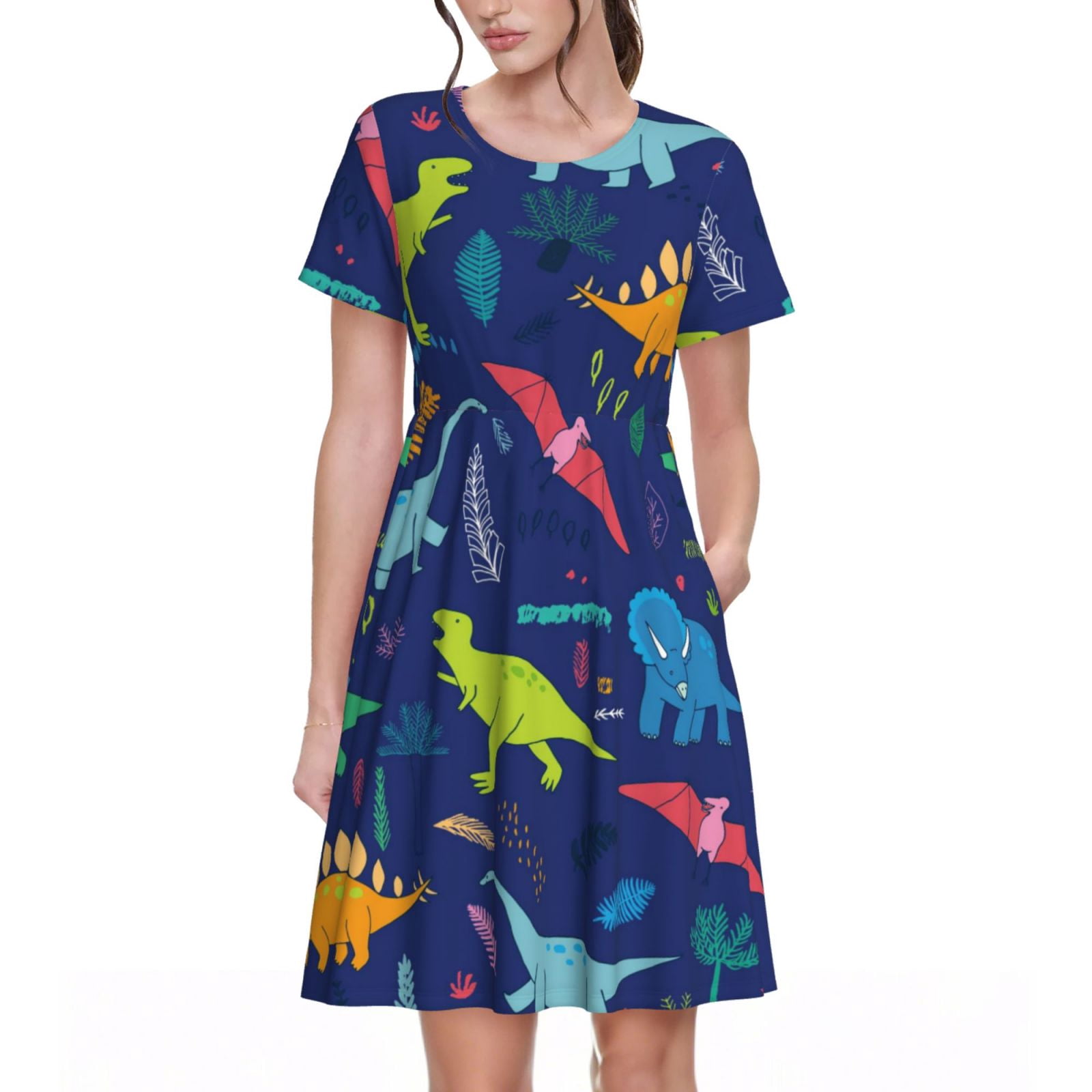 Ratiio Dinosaurs Print Women's Short Sleeve Dress - Casual A-Line Dress ...