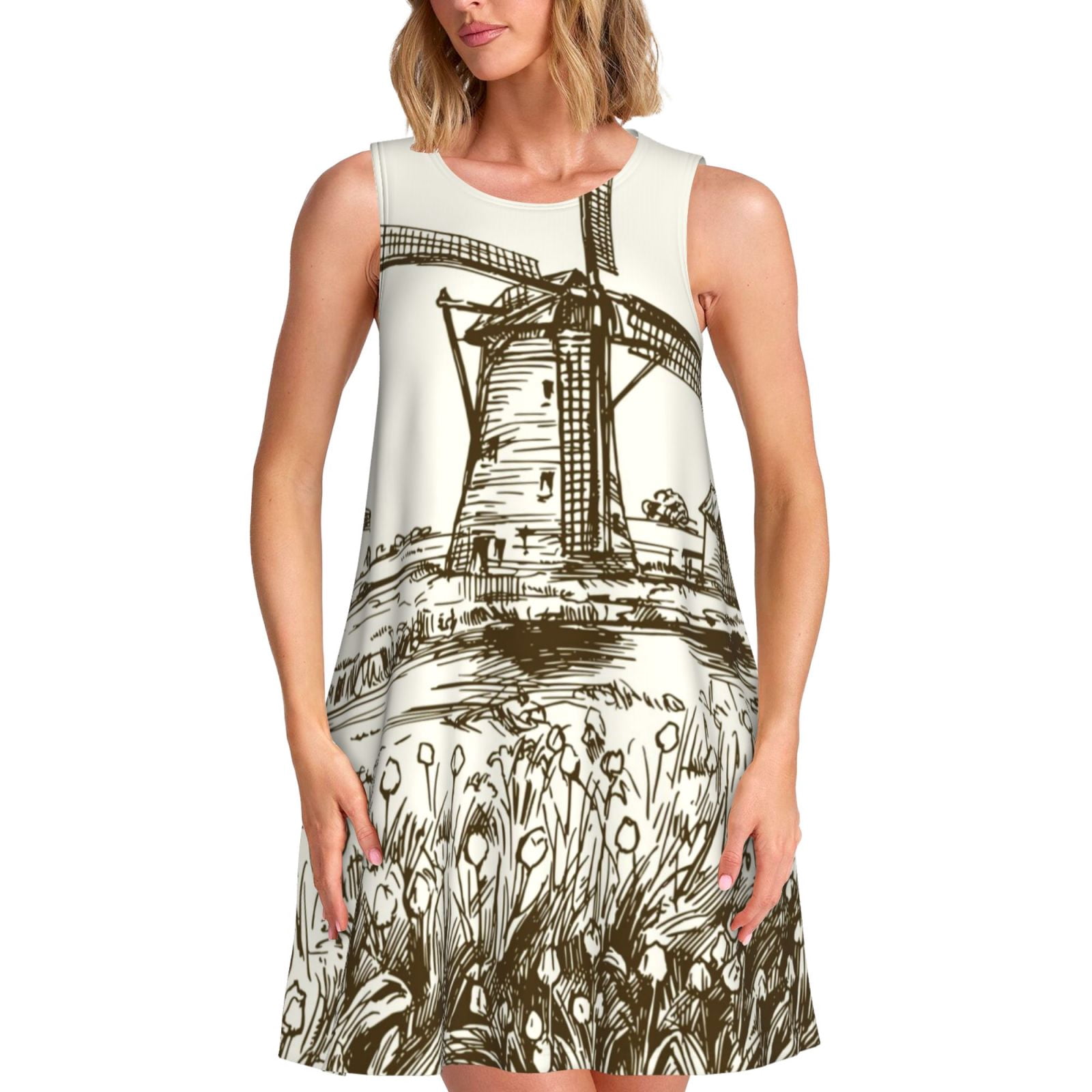 Ratiio Dutch Windmill Pattern Women's Sleeveless Dress - Casual Summer ...