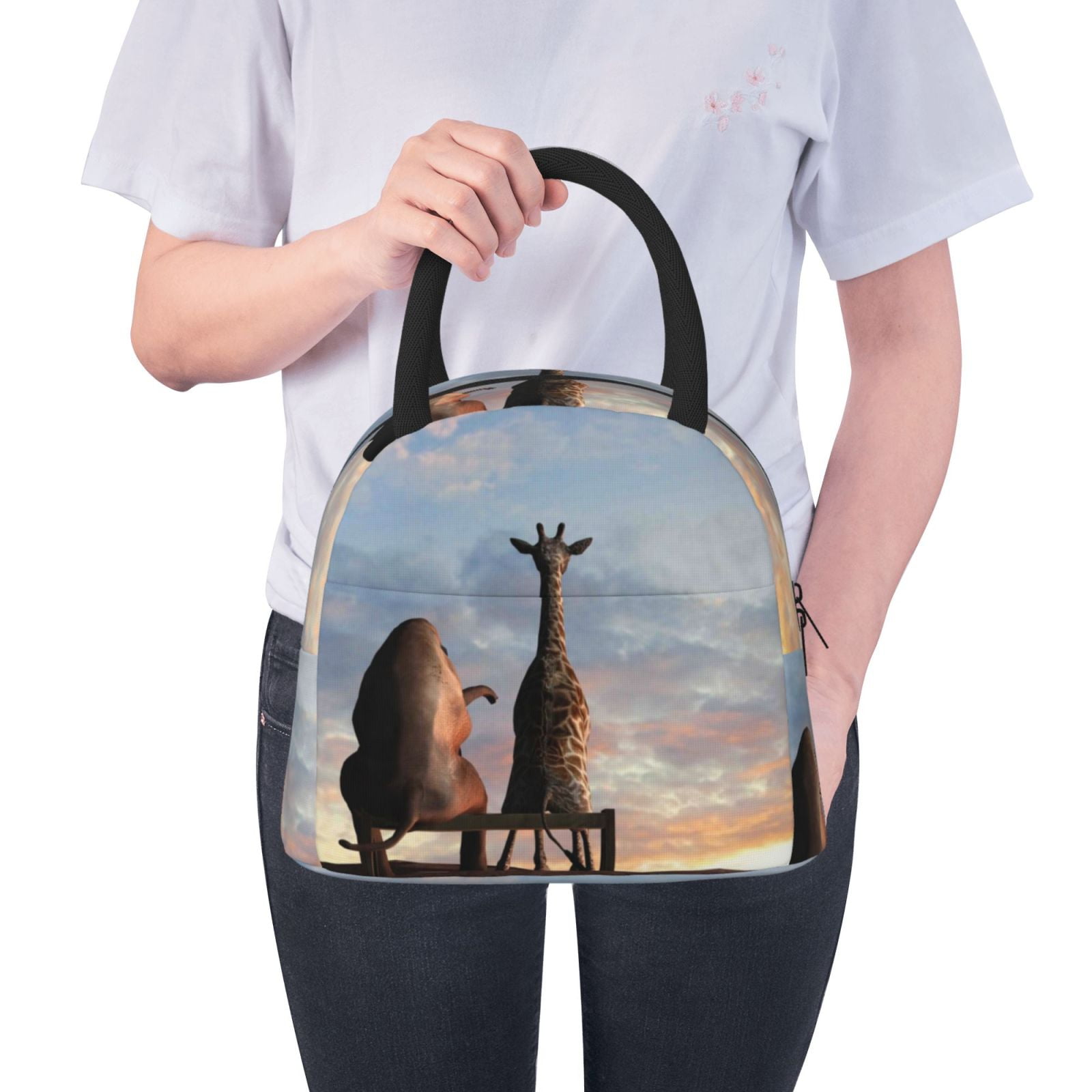Ratiio Elephant Giraffe Print Insulated Lunch Bag Women Reusable Lunch ...