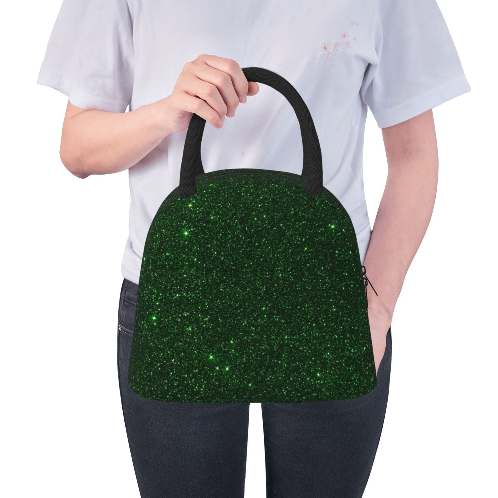 Ratiio Emerald Green Sparkling Print Insulated Lunch Bag Women Reusable ...