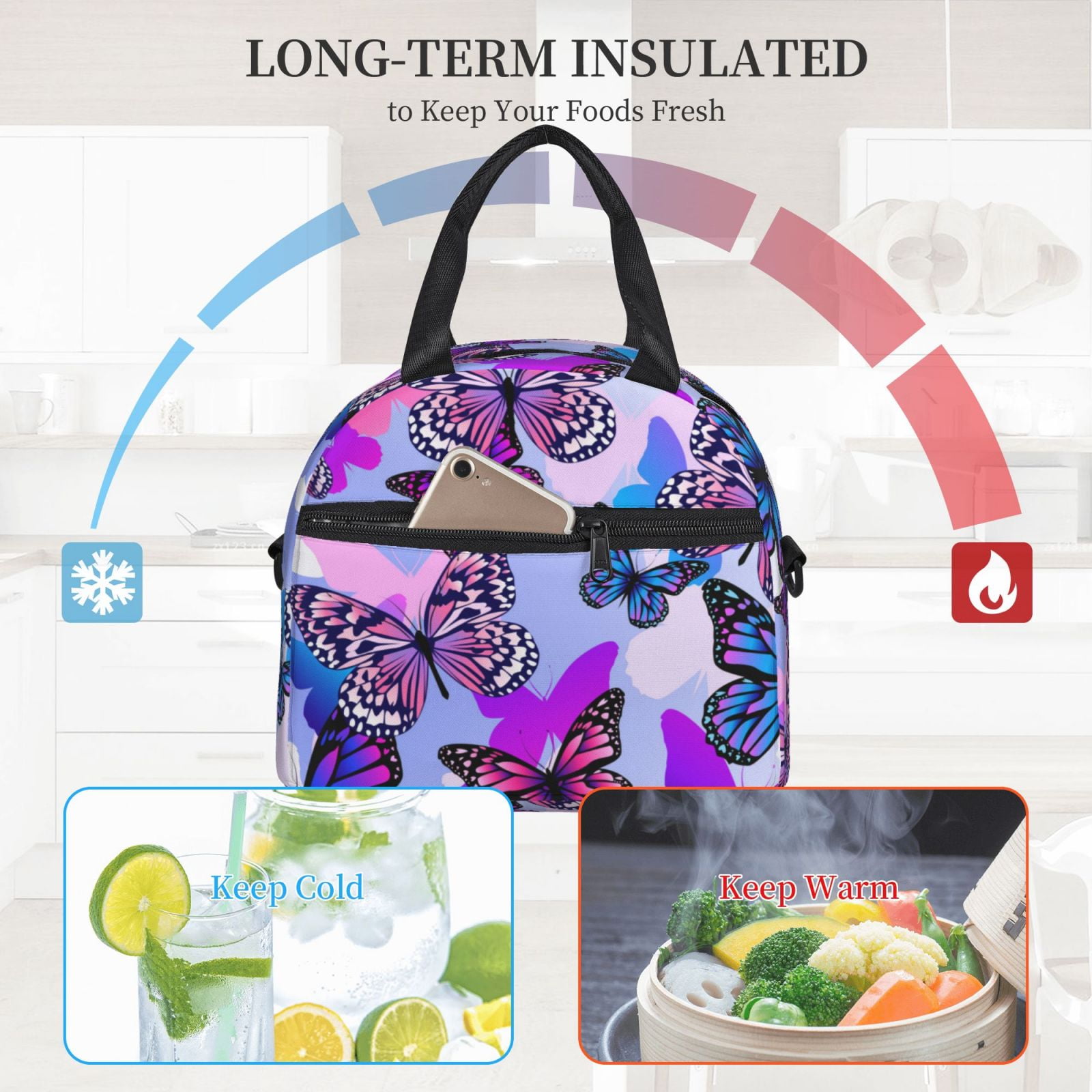 Ratiio Flying Butterflies Pattern Lunch Bag ,Insulated Lunch Box, Small ...