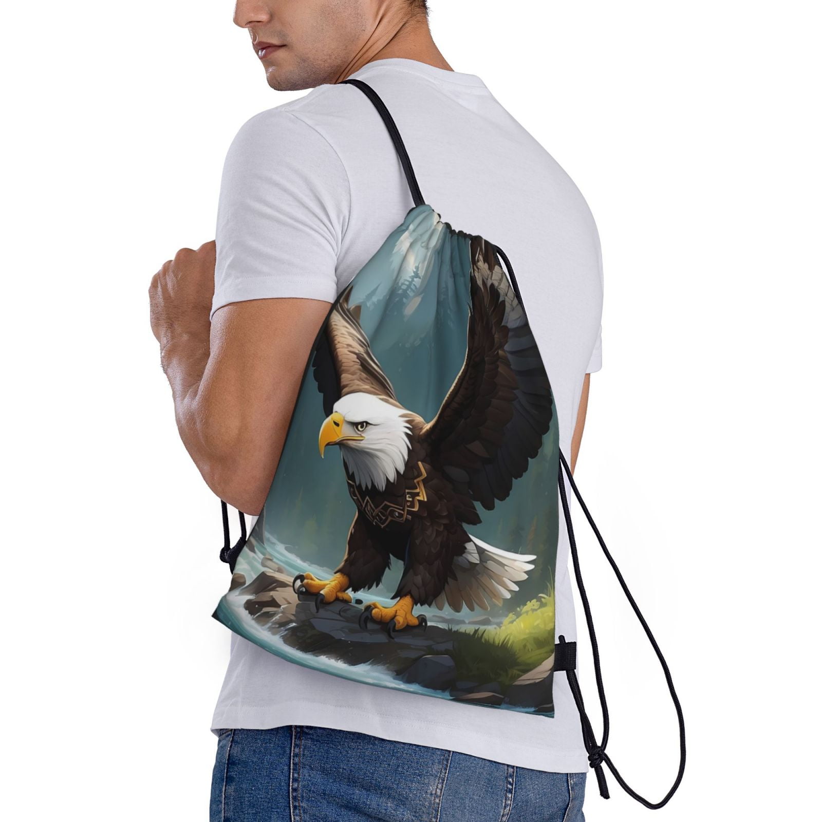 Ratiio Forest River Bald Eagle Print Drawstring Backpack Bag Sport Gym Sackpack Heavy Duty ...
