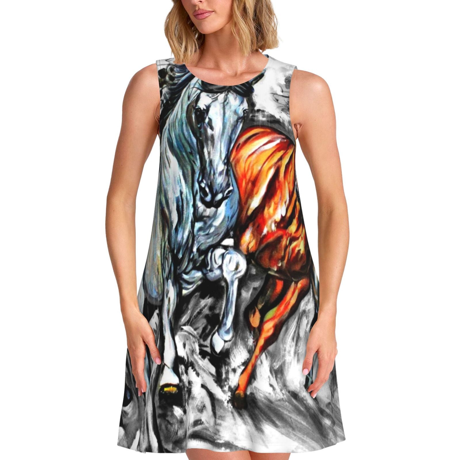 Ratiio Four Running Horses Pattern Women's Sleeveless Dress - Casual ...