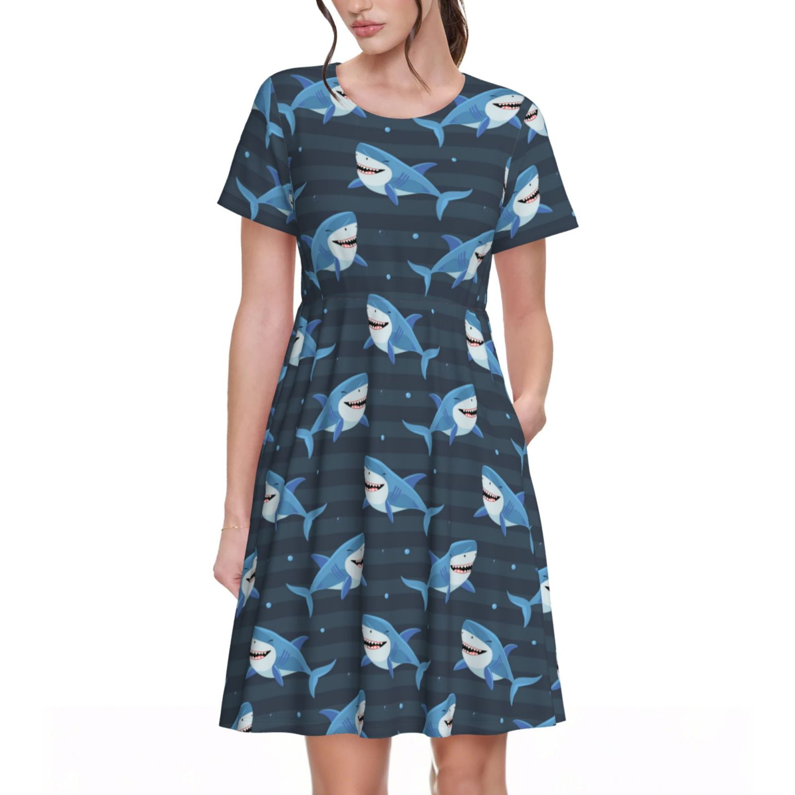 Ratiio Funny Sharks Print Women's Short Sleeve Dress - Casual A-Line ...