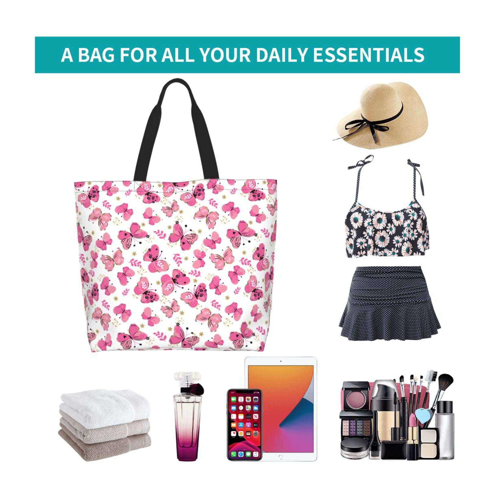 Ratiio Girl Butterfly Print Reusable Grocery Bags - Washable, Foldable ...