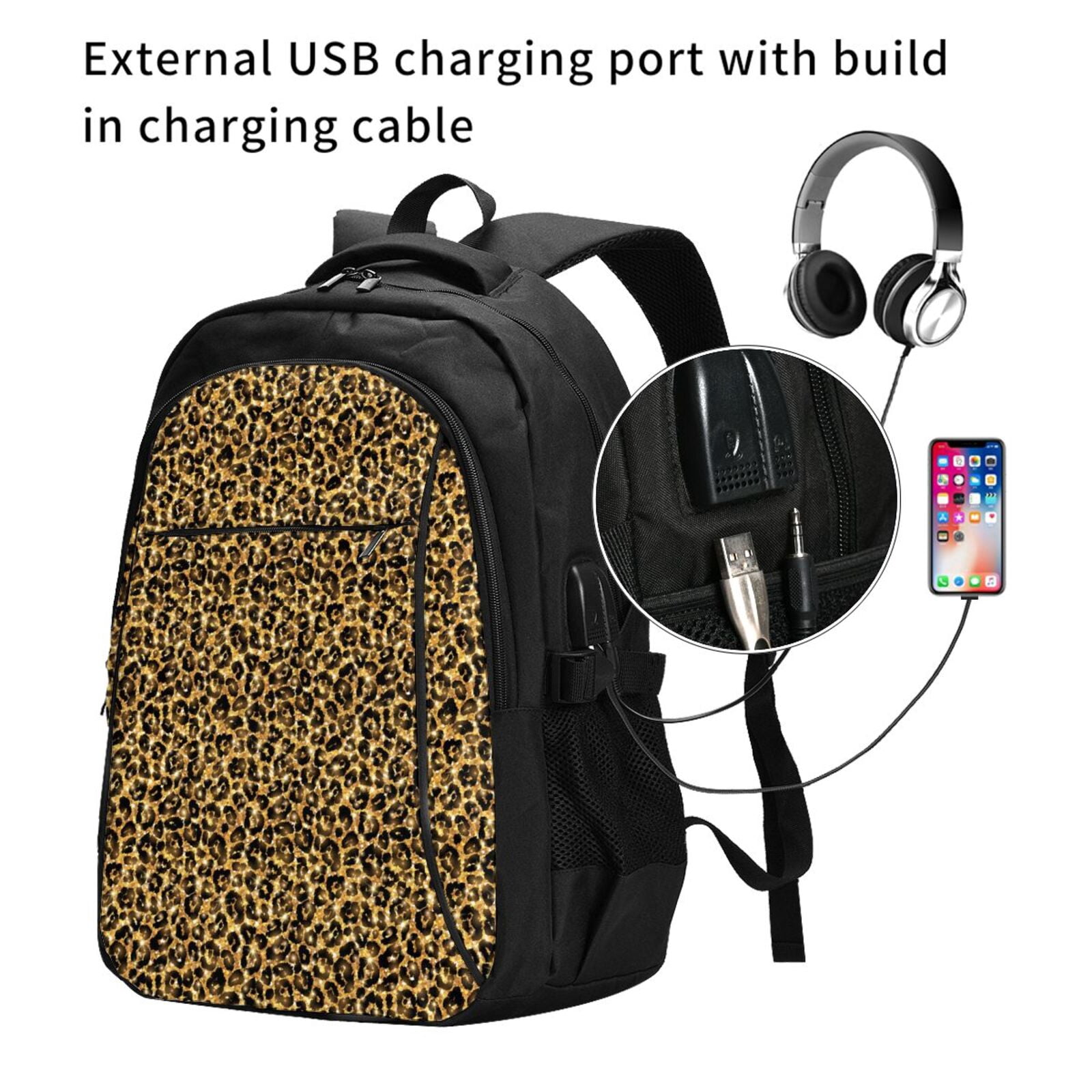 Ratiio Gold Glitter Leopard Print Travel Laptop Backpack,Slim Sturdy ...