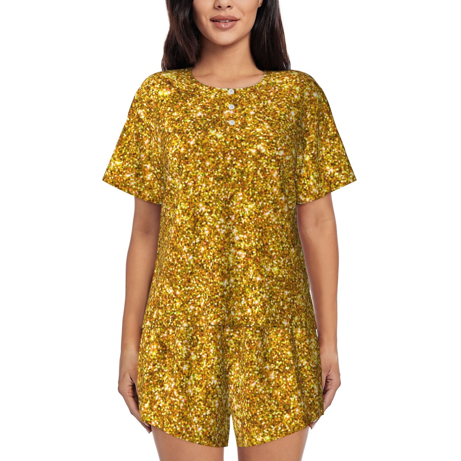 Ratiio Gold Glitter Print Womens Pajama Sets 2 Piece Soft Short Sleeve ...