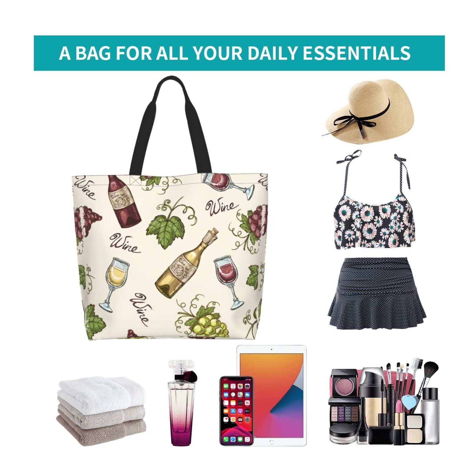 Ratiio Grapes Bbottles Wine Print Reusable Grocery Bags - Washable ...