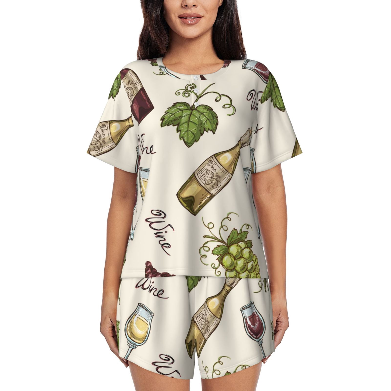 Ratiio Grapes Bbottles Wine Print Womens Pajama Sets 2 Piece Soft Short ...