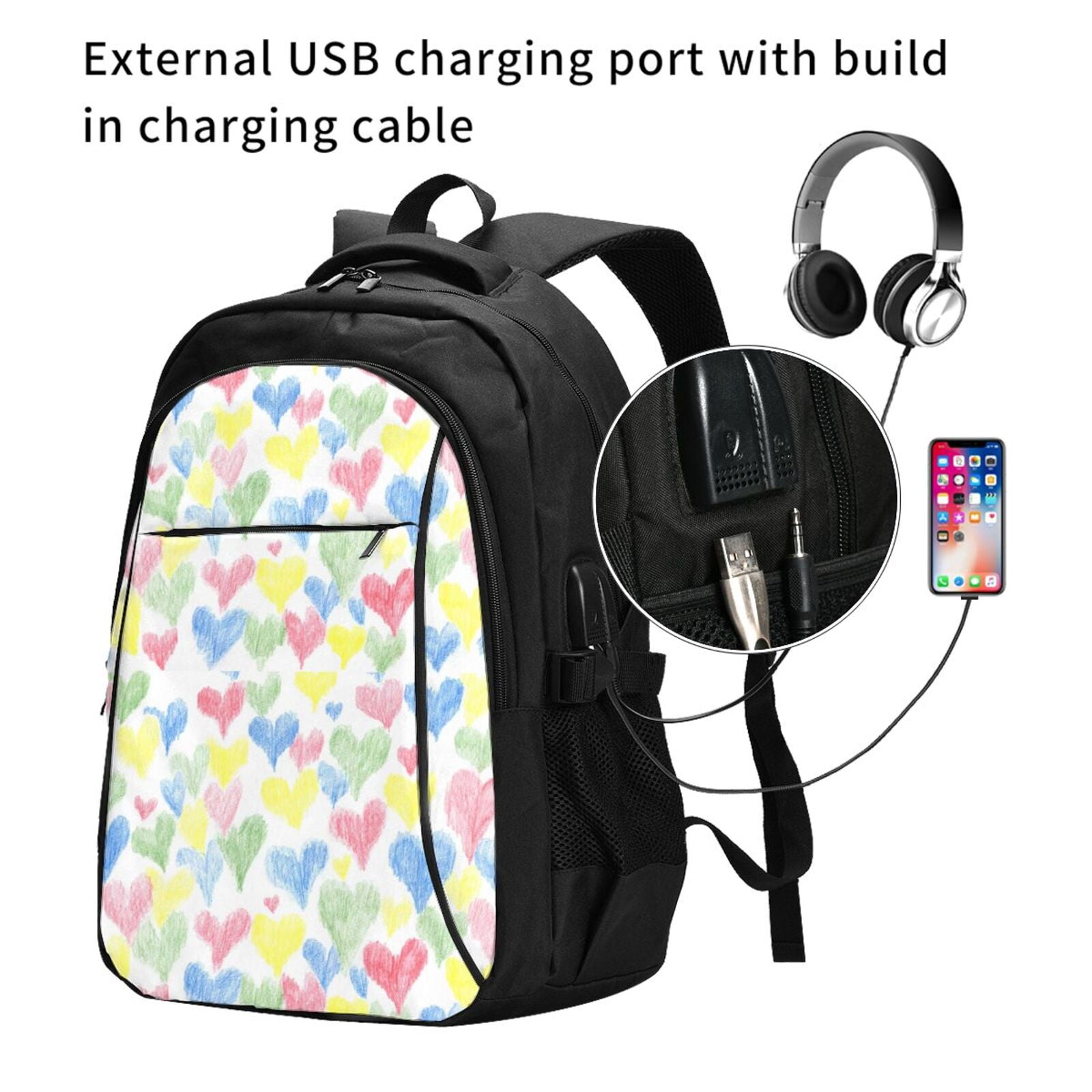 Ratiio Hand Drawn Colored Hearts Print Travel Laptop Backpack,Slim ...