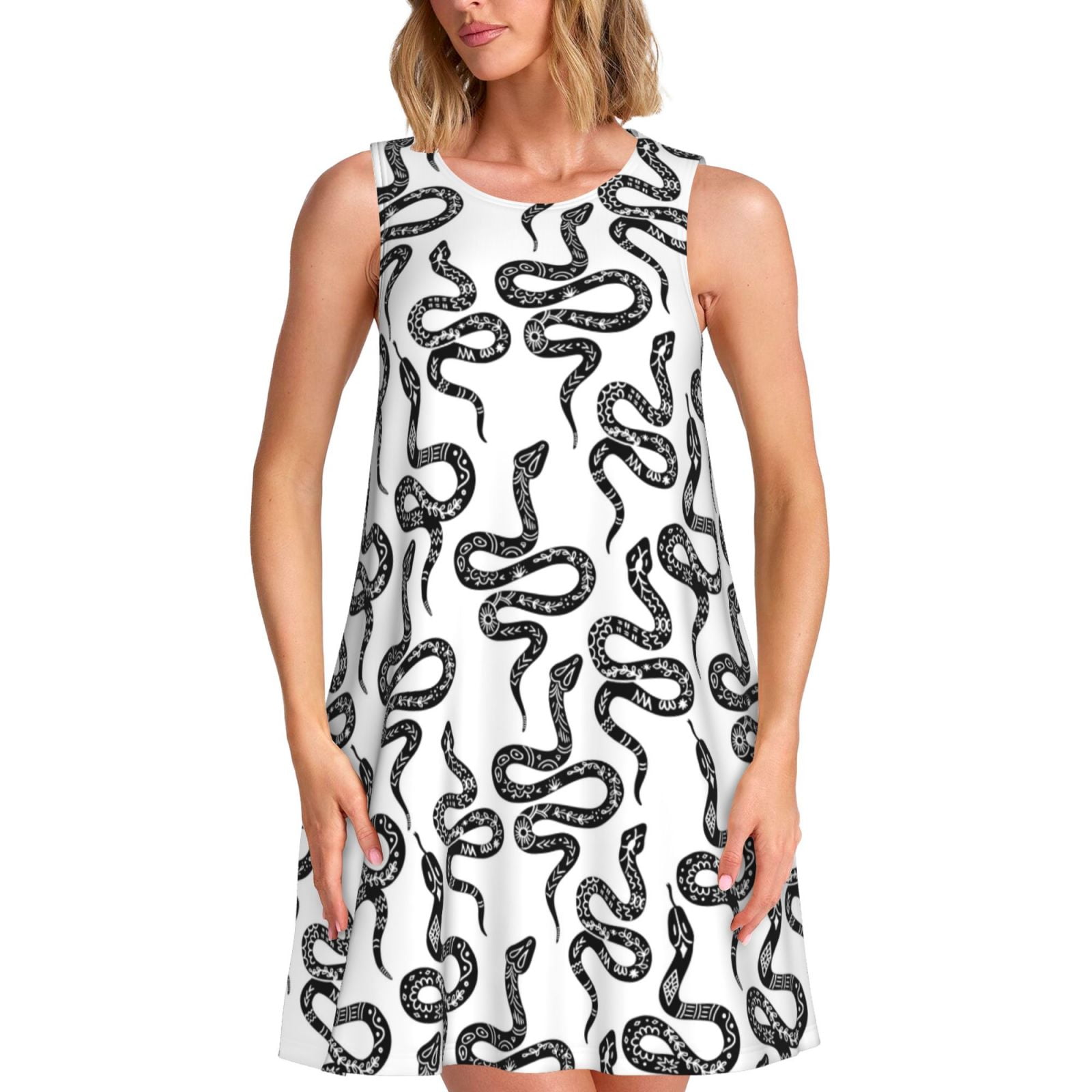 Ratiio Hand Drawn Snake Pattern Women's Sleeveless Dress - Casual ...