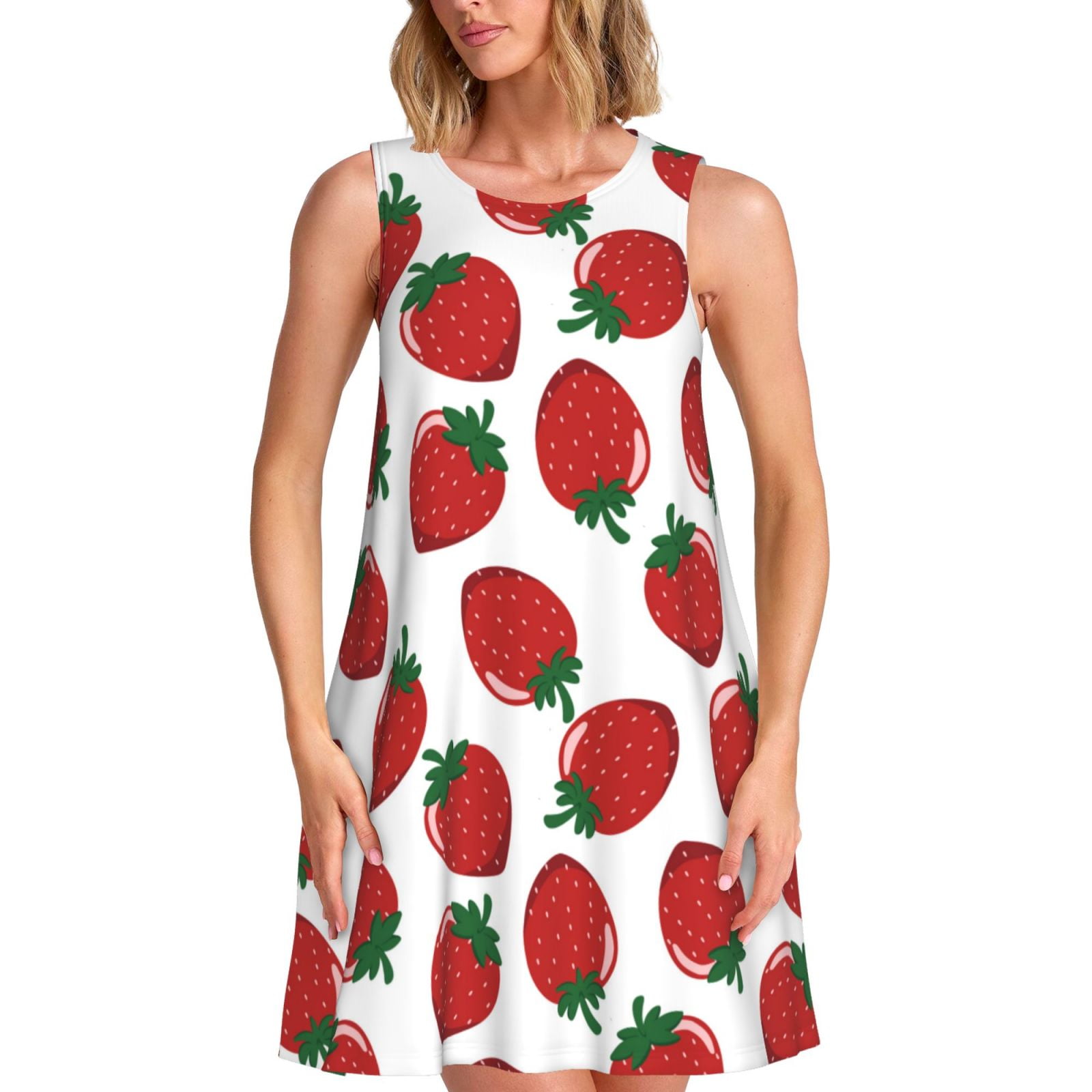 Ratiio Hand Drawn Strawberry Pattern Women's Sleeveless Dress - Casual ...