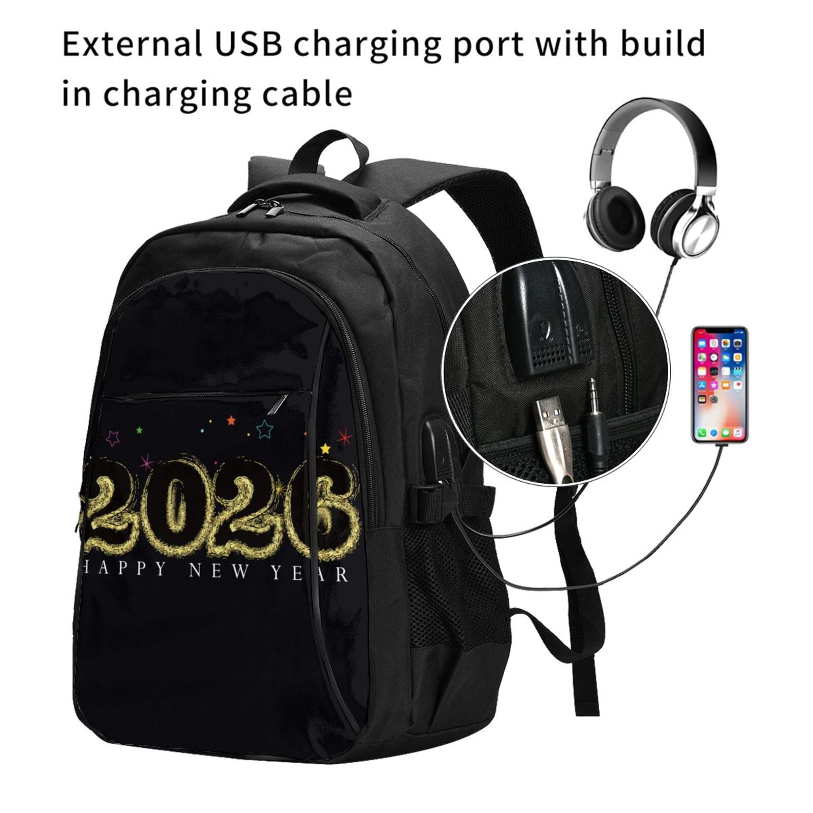 Ratiio Happy New Year 2026 Print Travel Laptop Backpack,Slim Sturdy ...