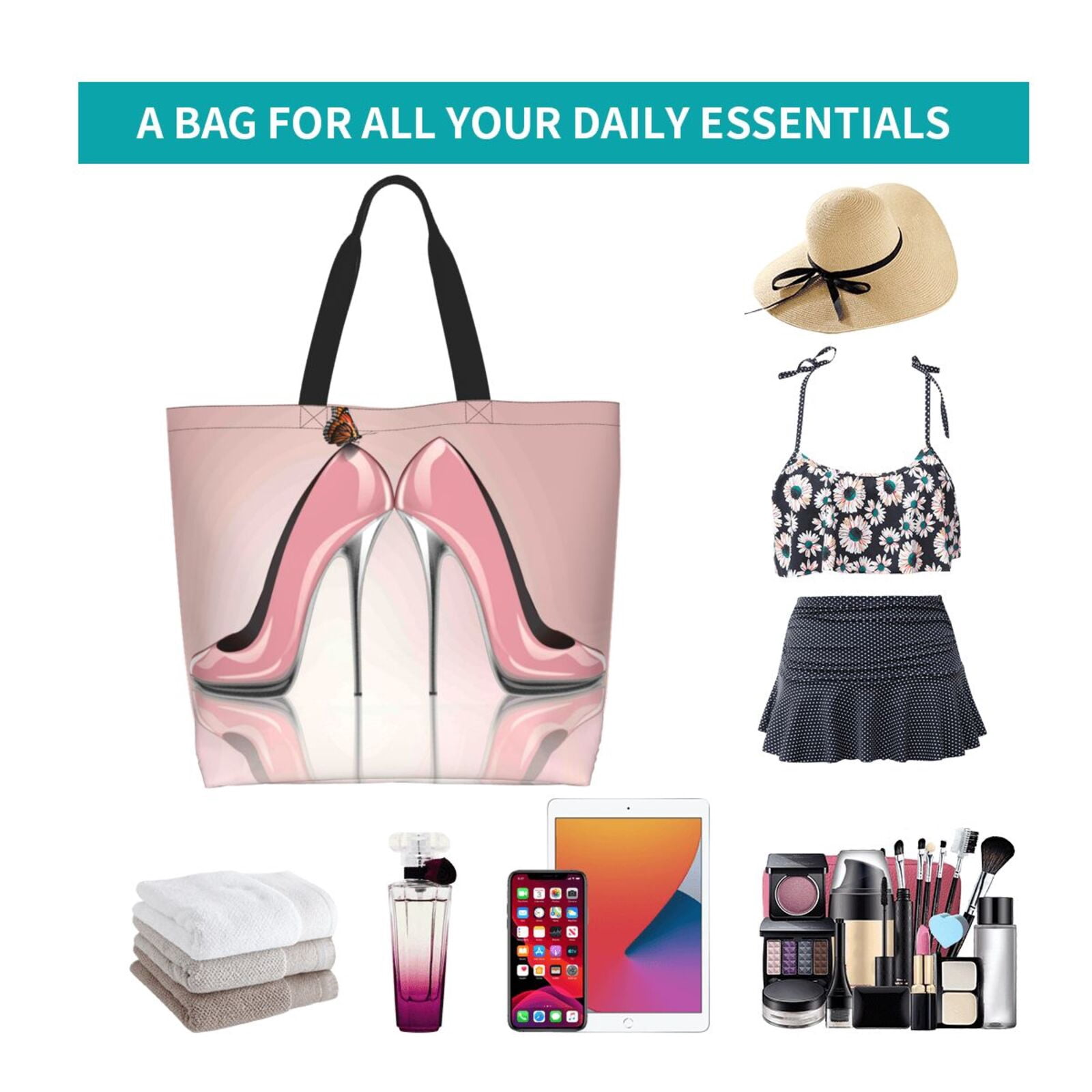 Ratiio High Heel Shoes Butterfly Print Reusable Grocery Bags - Washable ...