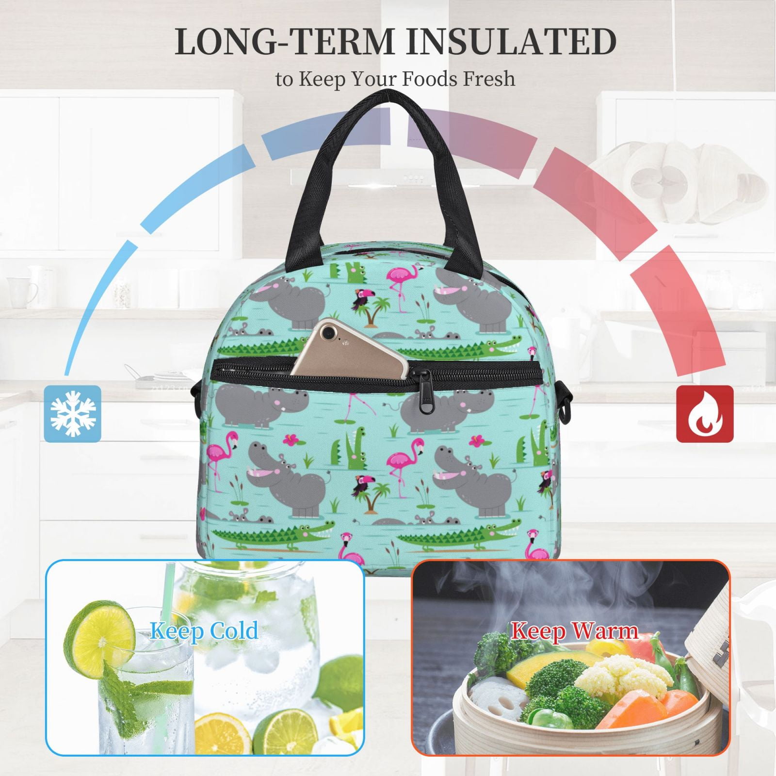 Ratiio Hippo With Flamingos And Crocodiles Pattern Lunch Bag ,Insulated ...