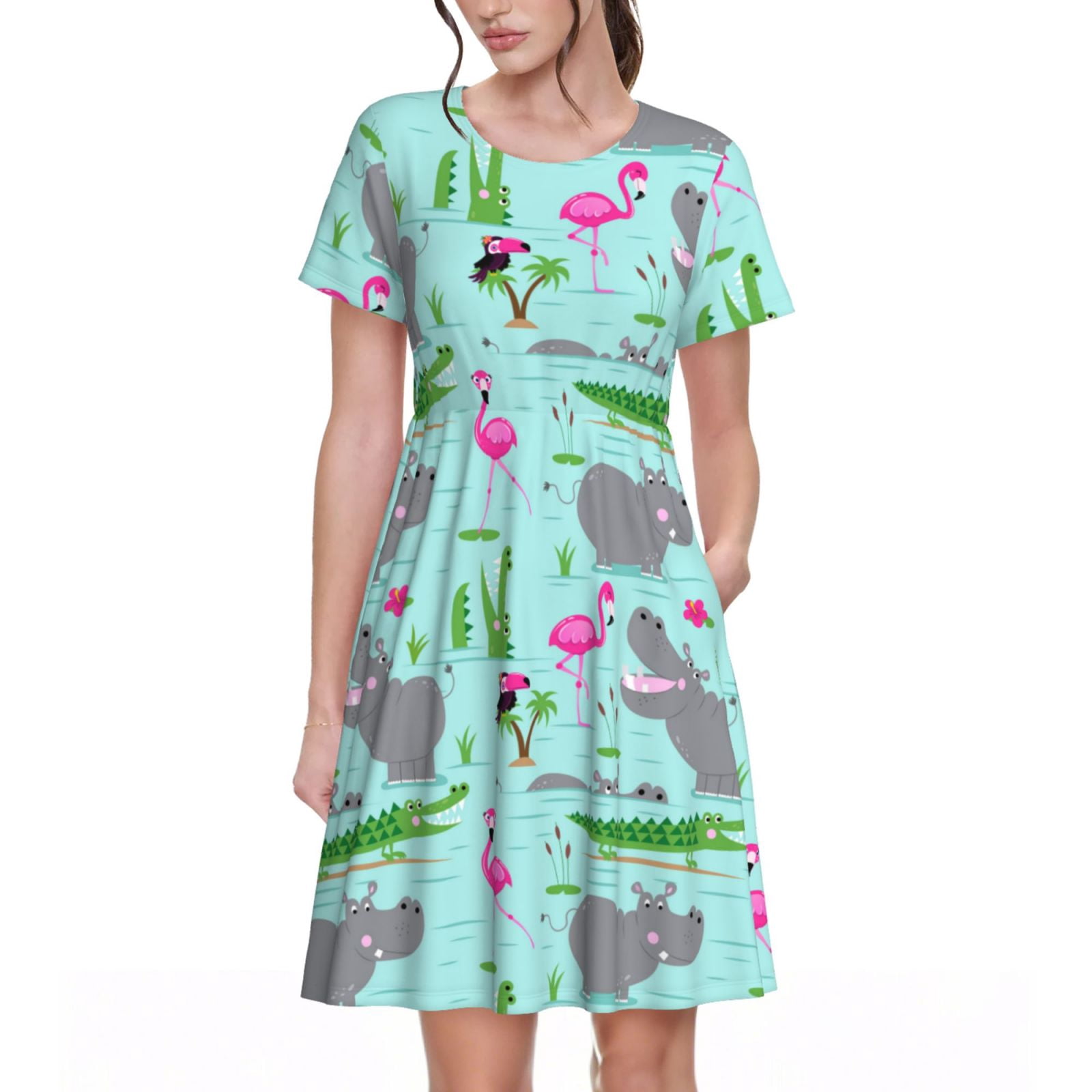 Ratiio Hippo With Flamingos And Crocodiles Print Women's Short Sleeve ...