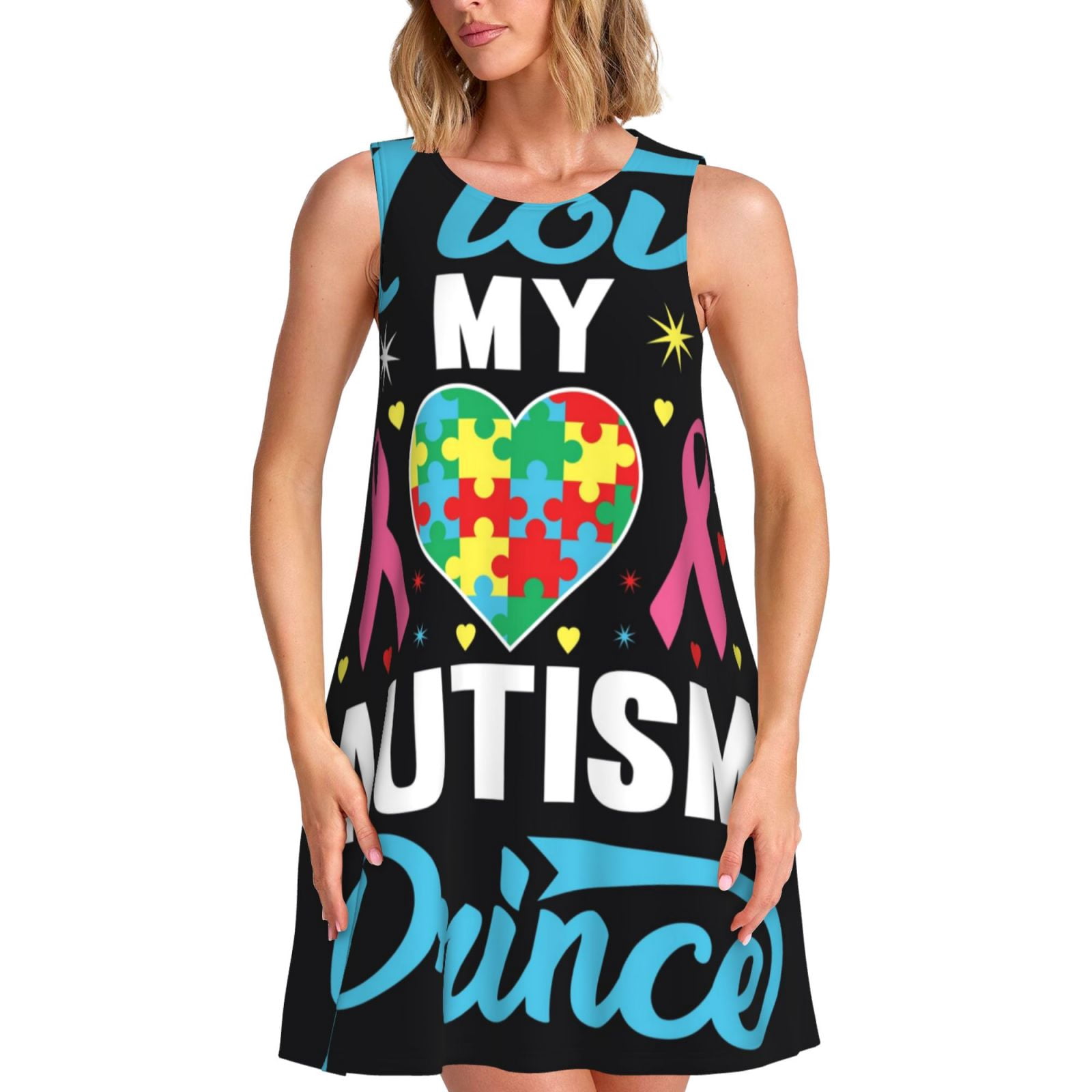 Ratiio I Love My Autism Pattern Women's Sleeveless Dress - Casual ...