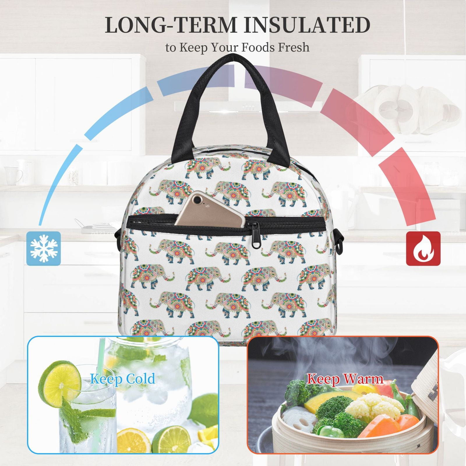 Ratiio Indian Elephant Pattern Lunch Bag ,Insulated Lunch Box, Small ...