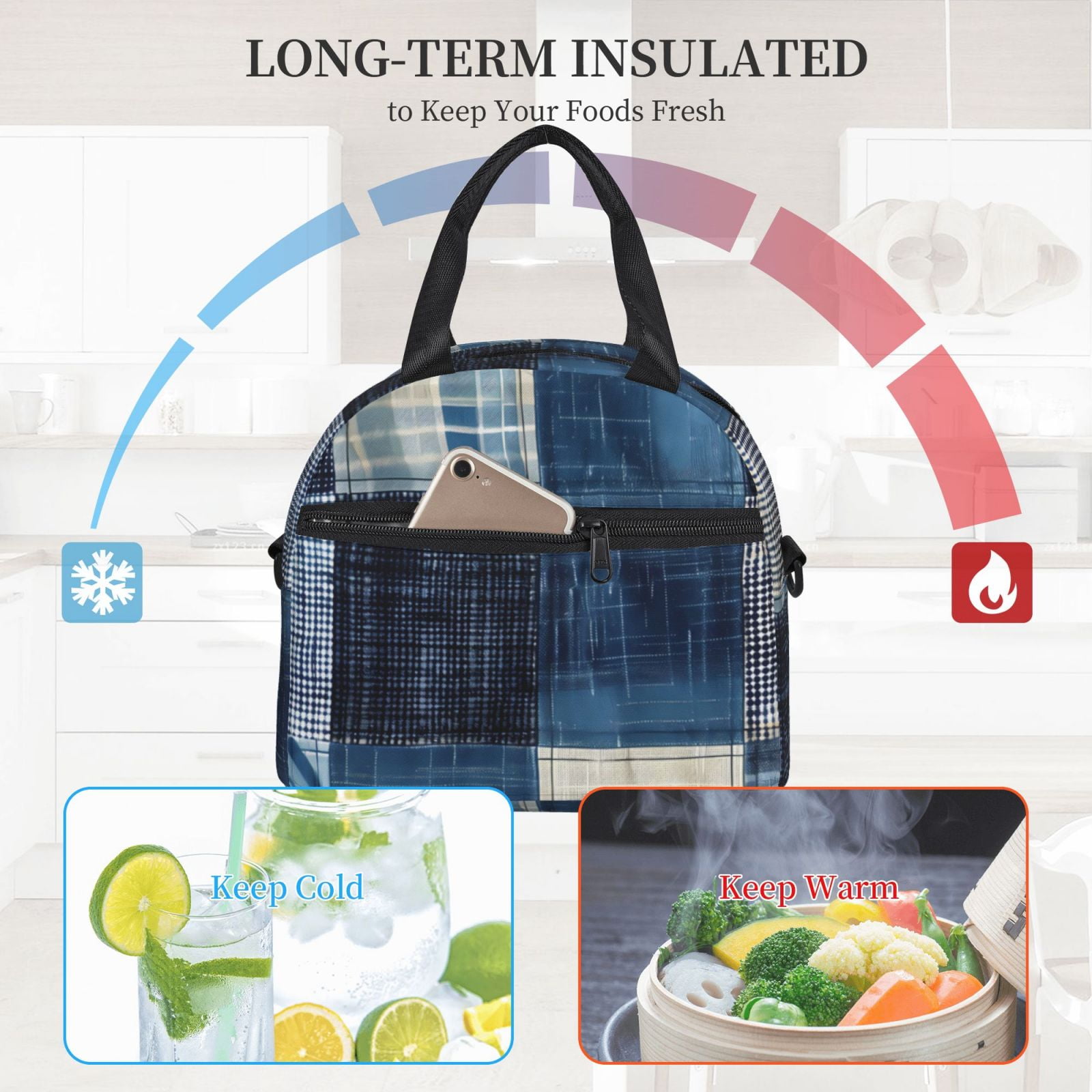 Ratiio Indigo Patchwork Quilt Pattern Lunch Bag ,Insulated Lunch Box, Small Leakproof Cooler ...