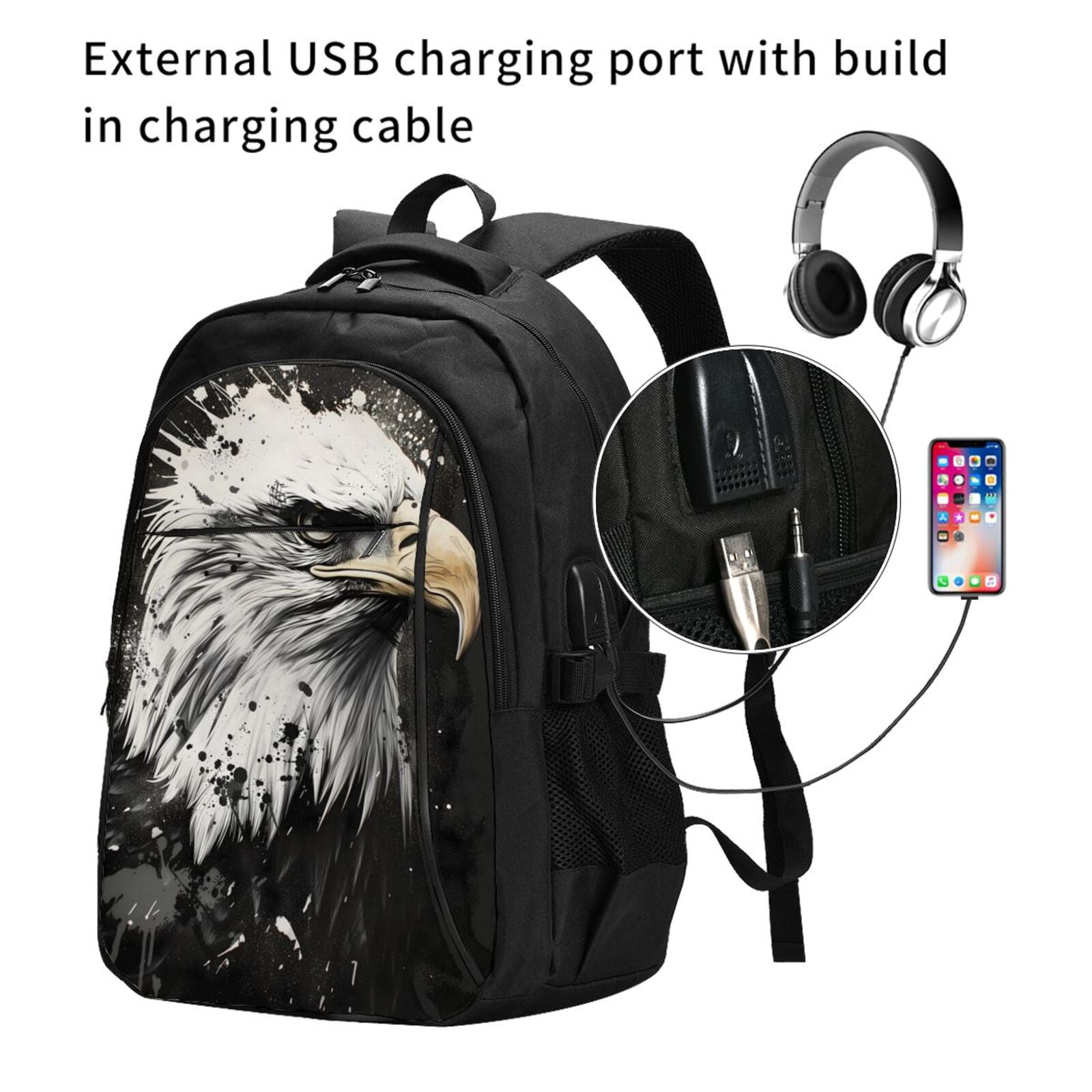Ratiio Ink Style Bald Eagle Print Travel Laptop Backpack,Slim Sturdy ...