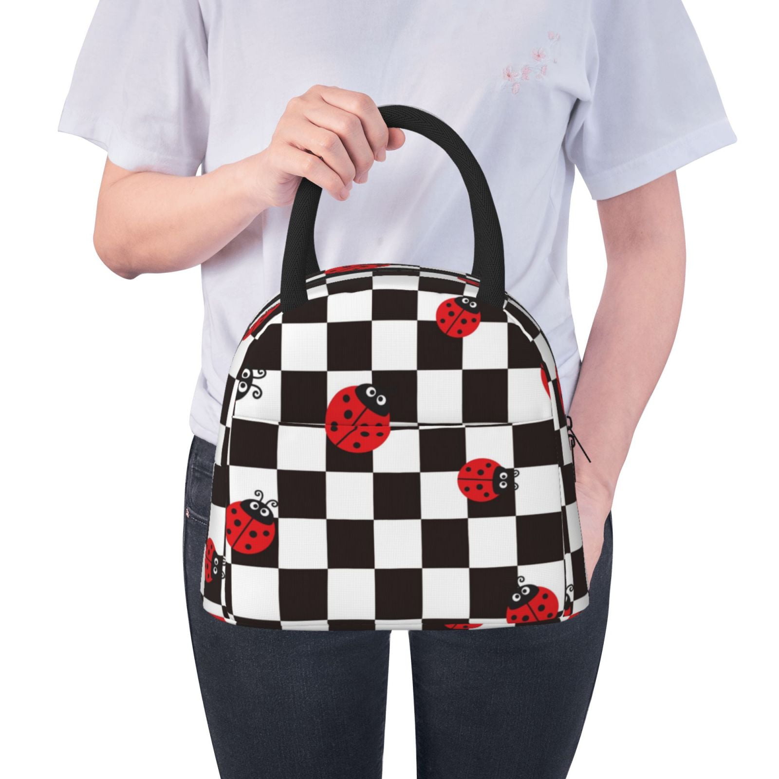 Ratiio Ladybugs Of Black And White Checkers Print Insulated Lunch Bag ...