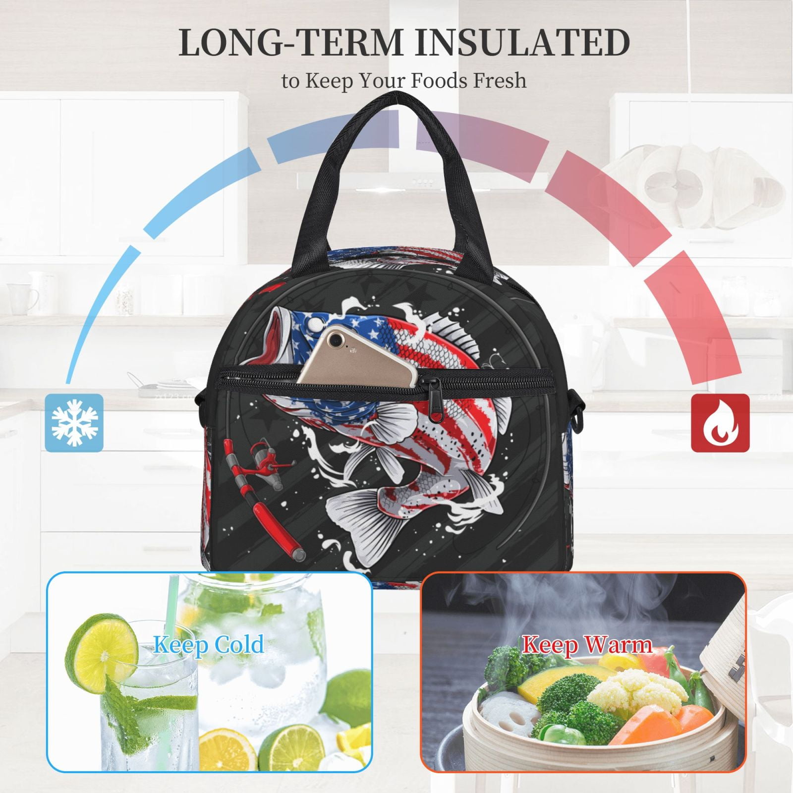 Ratiio Largemouth Bass Fish in USA Pattern Lunch Bag ,Insulated Lunch ...
