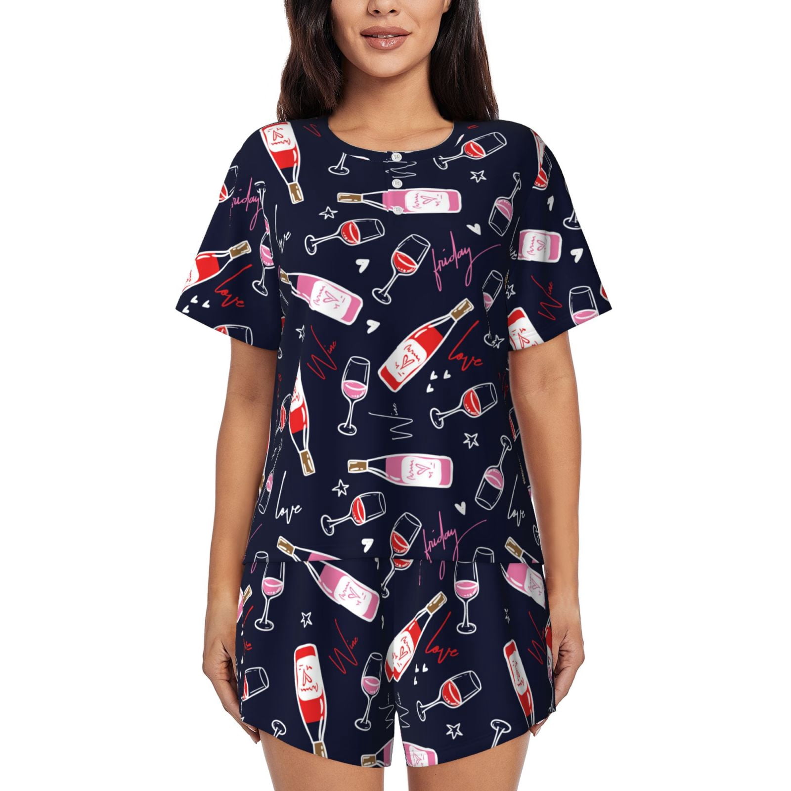 Ratiio Love Wine Print Womens Pajama Sets 2 Piece Soft Short Sleeve Top ...
