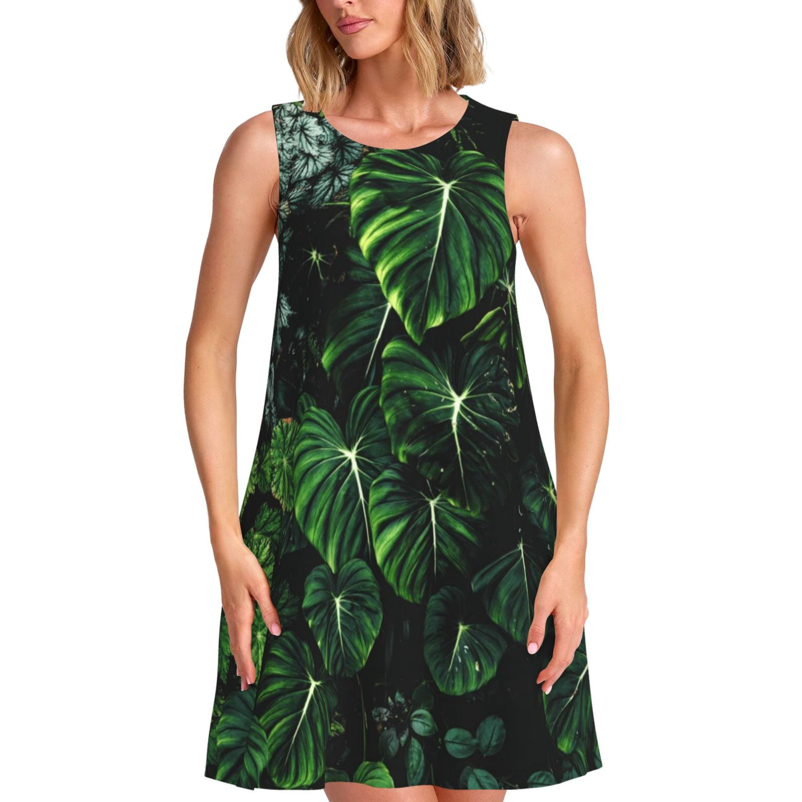 Ratiio Lush Foliage Green Plant Pattern Women's Sleeveless Dress ...