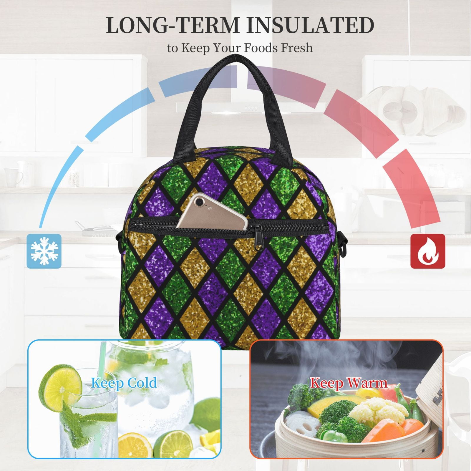 Ratiio Mardi Gras Shiny Green Purple Pattern Lunch Bag ,Insulated Lunch ...