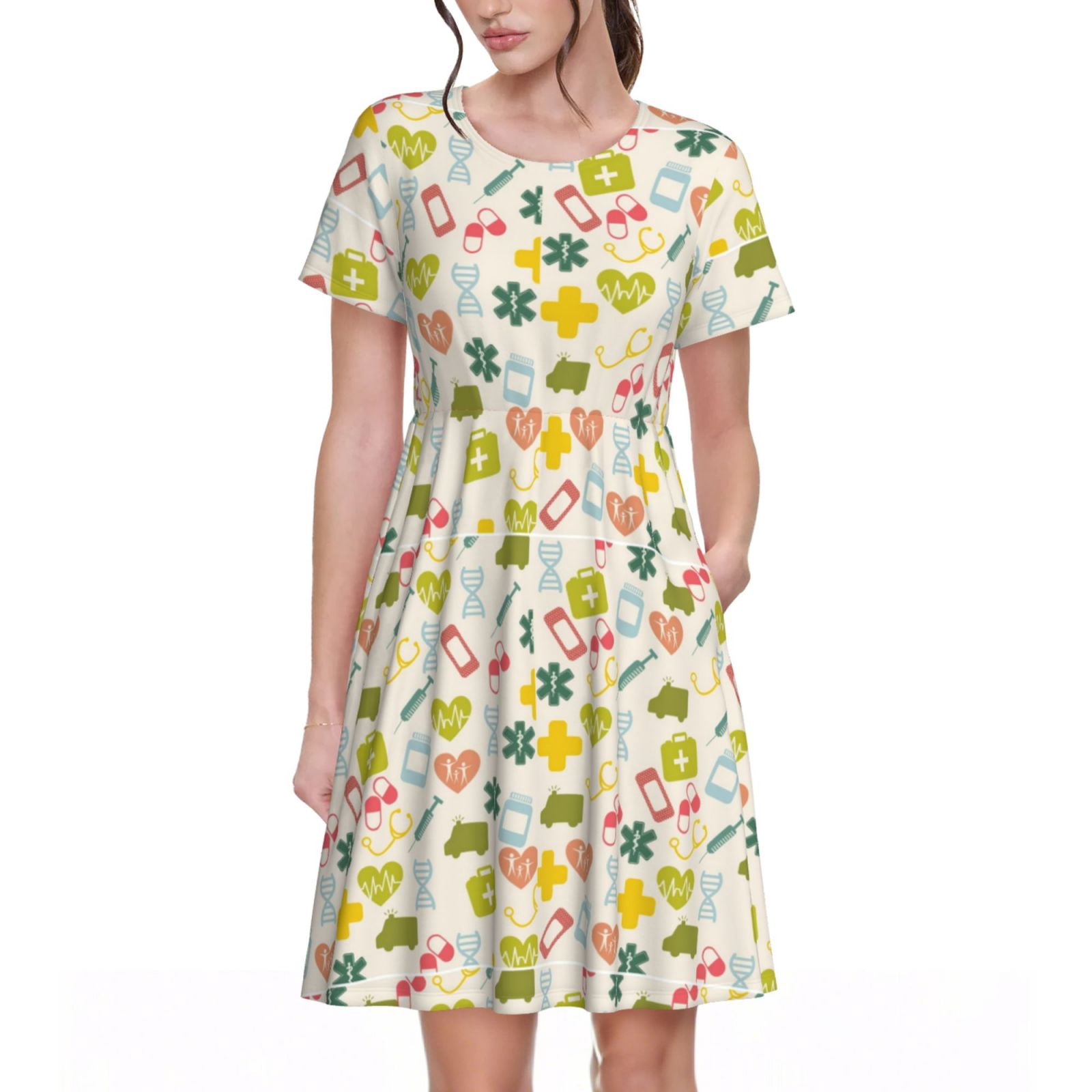 Ratiio Medical Icons Print Women's Short Sleeve Dress - Casual A-Line ...