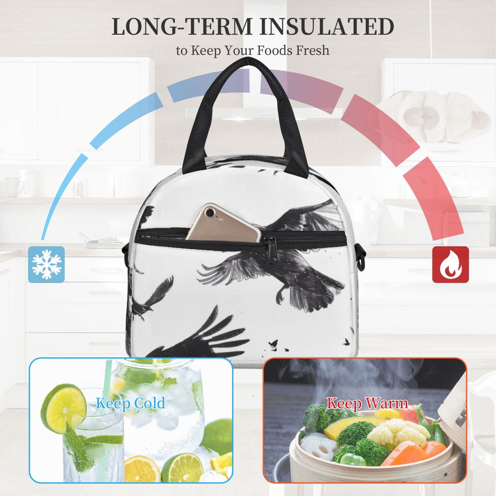 Ratiio Monochrome Flying Ravens Pattern Lunch Bag ,Insulated Lunch Box ...