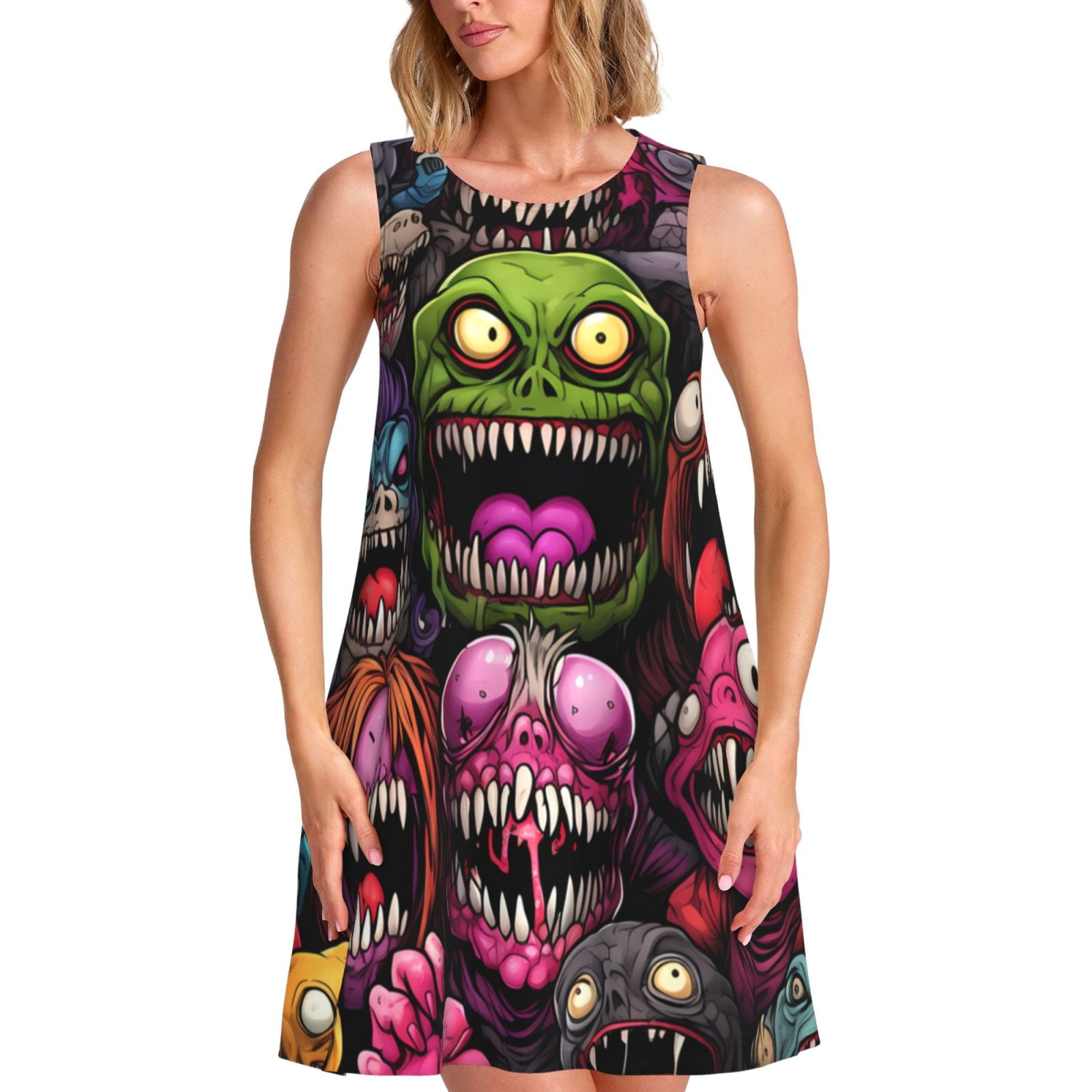 Ratiio Monstrous Cartoon Characters Pattern Women's Sleeveless Dress ...