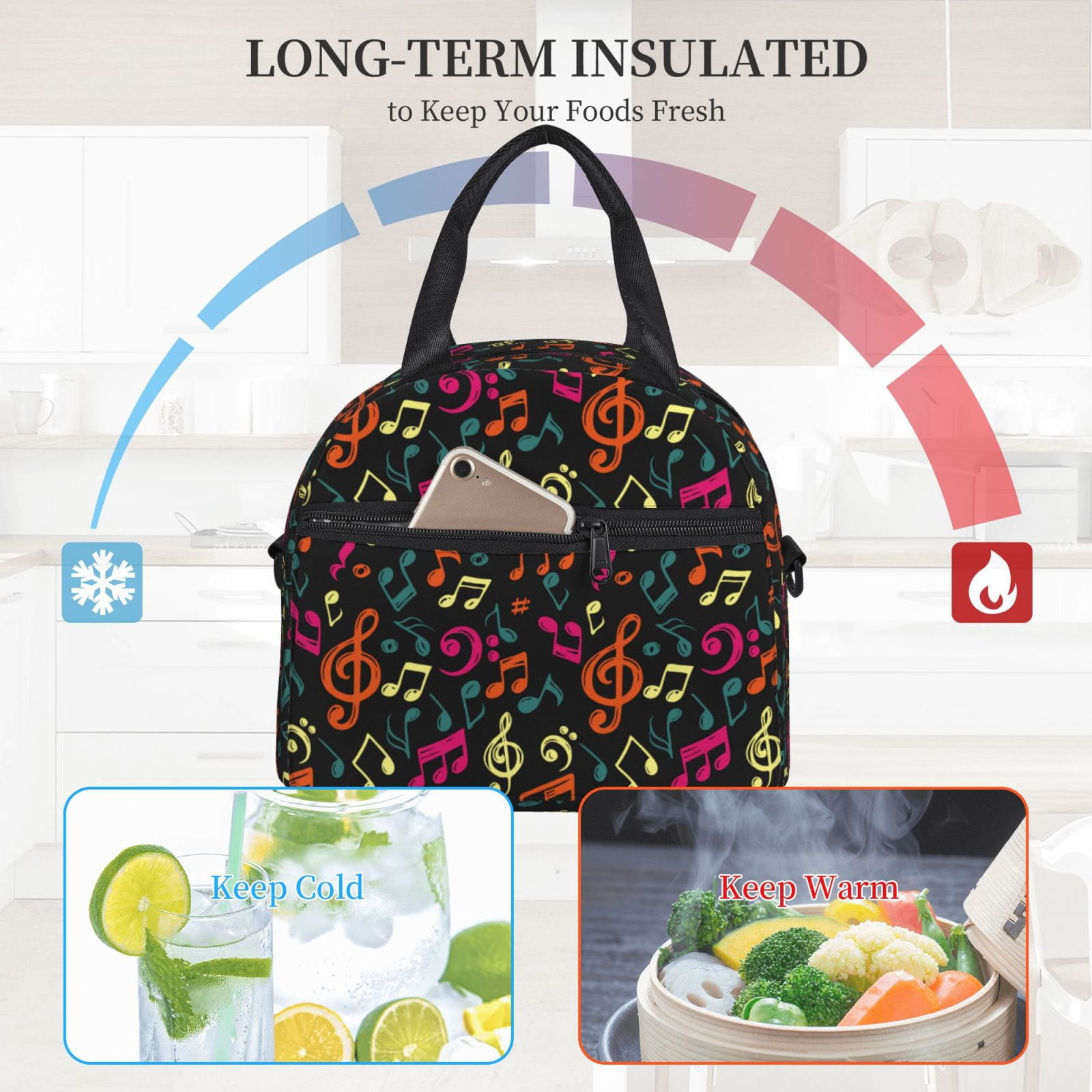 Ratiio Music Notes Pattern Lunch Bag ,Insulated Lunch Box, Small ...