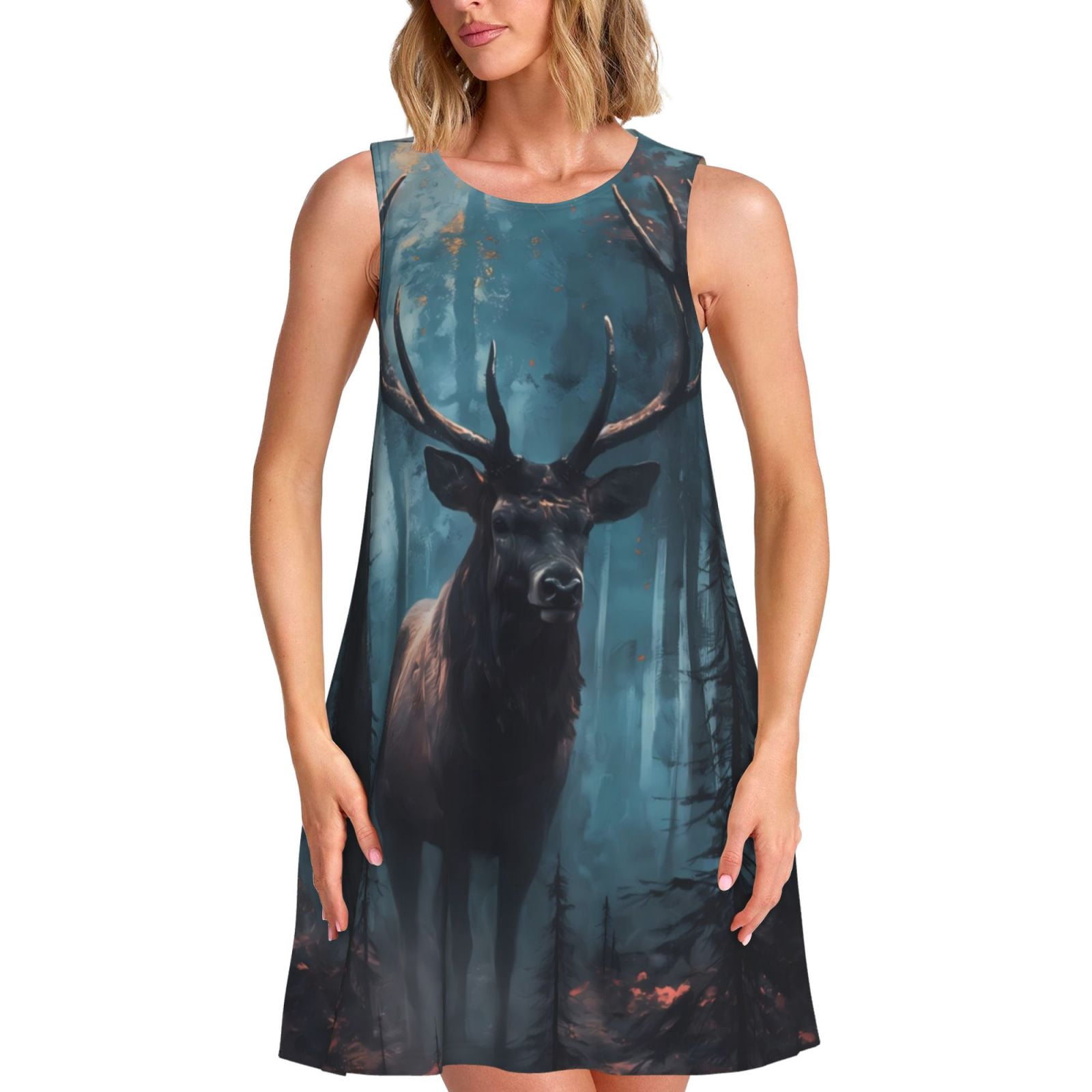 Ratiio Mystical Forest Elk Pattern Women's Sleeveless Dress - Casual ...