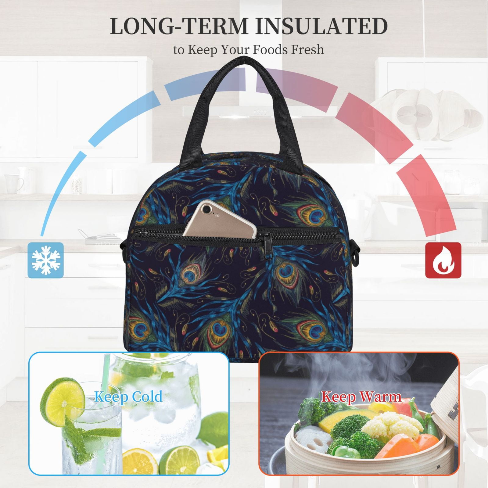Ratiio Peacock Feathers Pattern Lunch Bag ,Insulated Lunch Box, Small ...