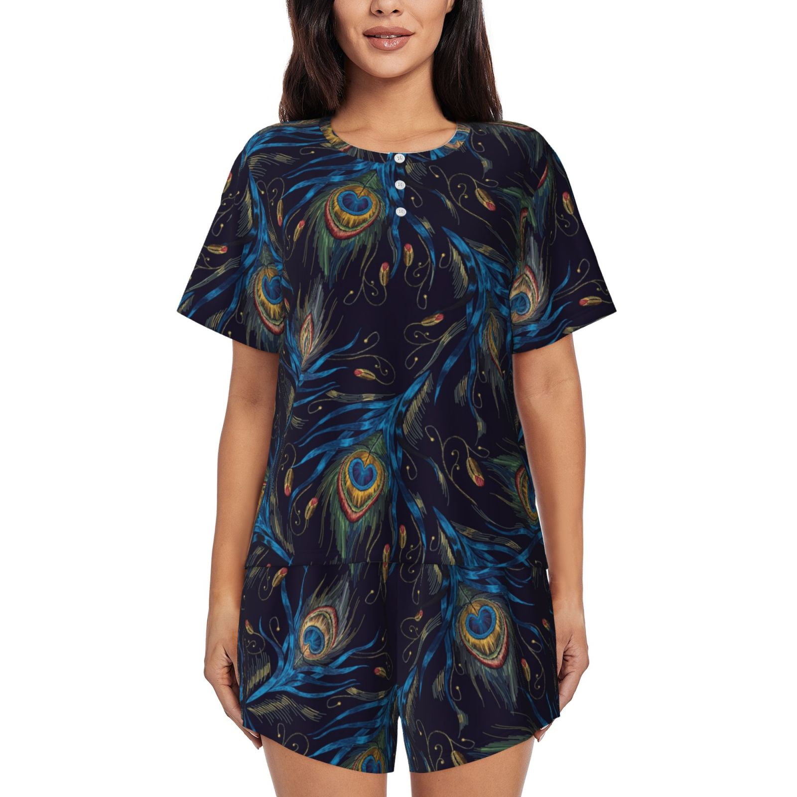 Ratiio Peacock Feathers Print Womens Pajama Sets 2 Piece Soft Short Sleeve Top and Shorts ...