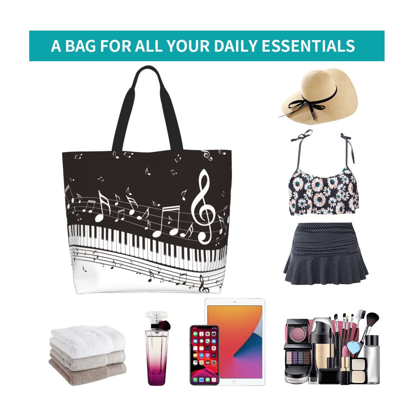 Ratiio Piano Keys With Musical Notes Print Reusable Grocery Bags ...