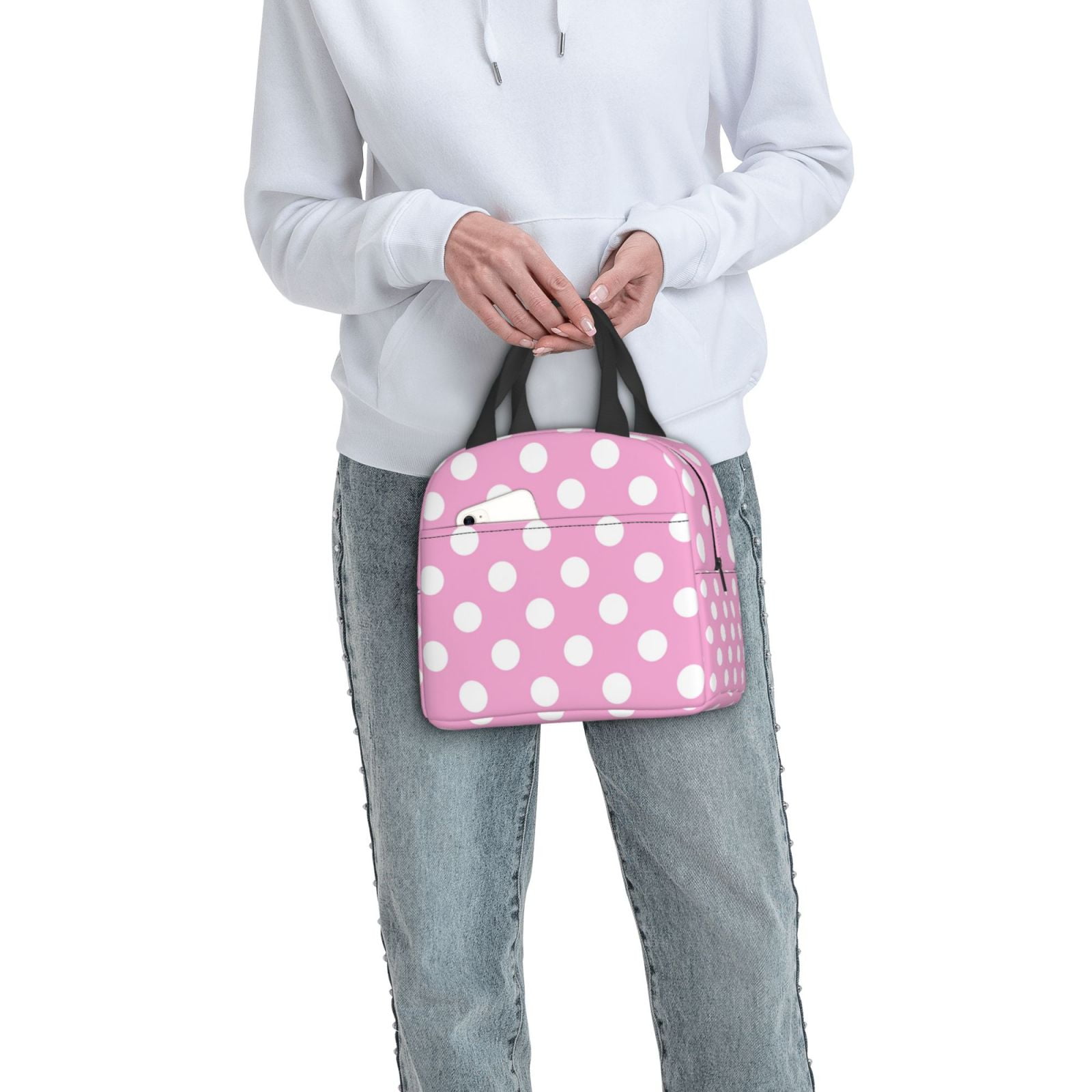Ratiio Pink And White Polka Dot Print Lunch Bag Lunch Box Insulated ...