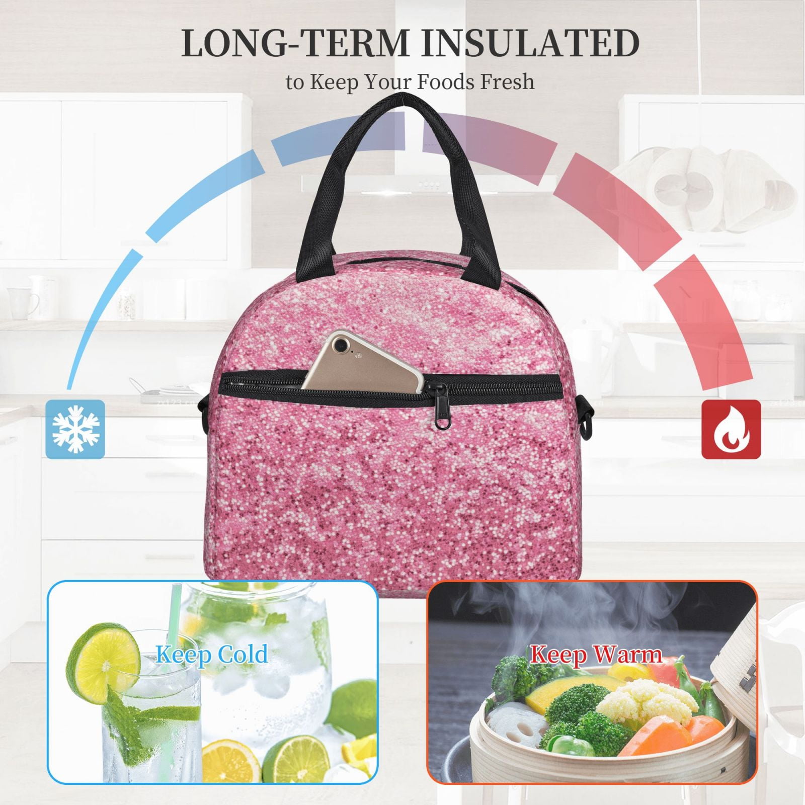Ratiio Pink Glitter Pattern Lunch Bag ,Insulated Lunch Box, Small ...