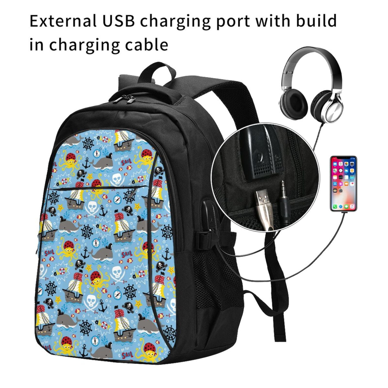 Ratiio Pirate Marine Animals Print Travel Laptop Backpack,Slim Sturdy ...