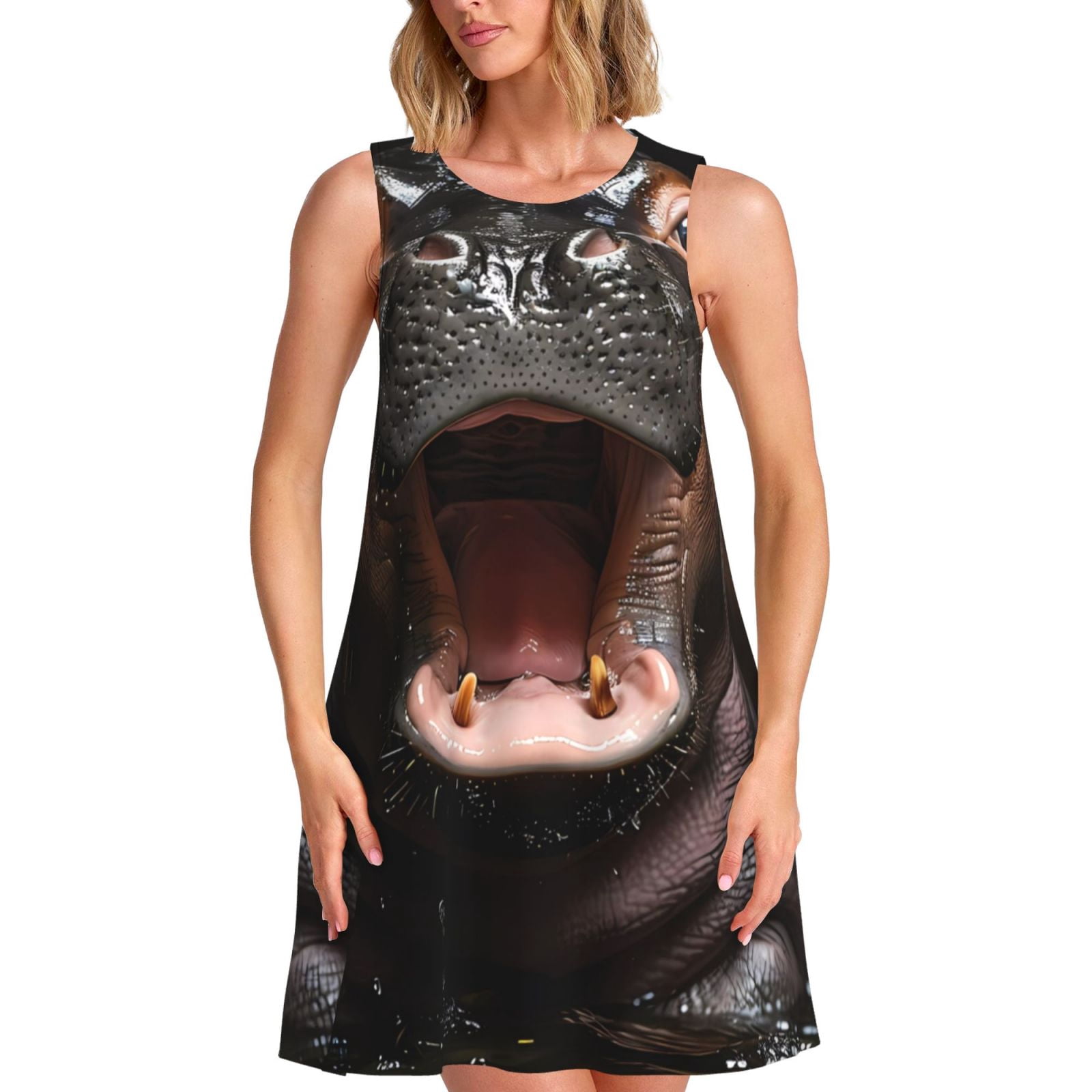 Ratiio Playful Baby Hippo Splash Pattern Women's Sleeveless Dress ...