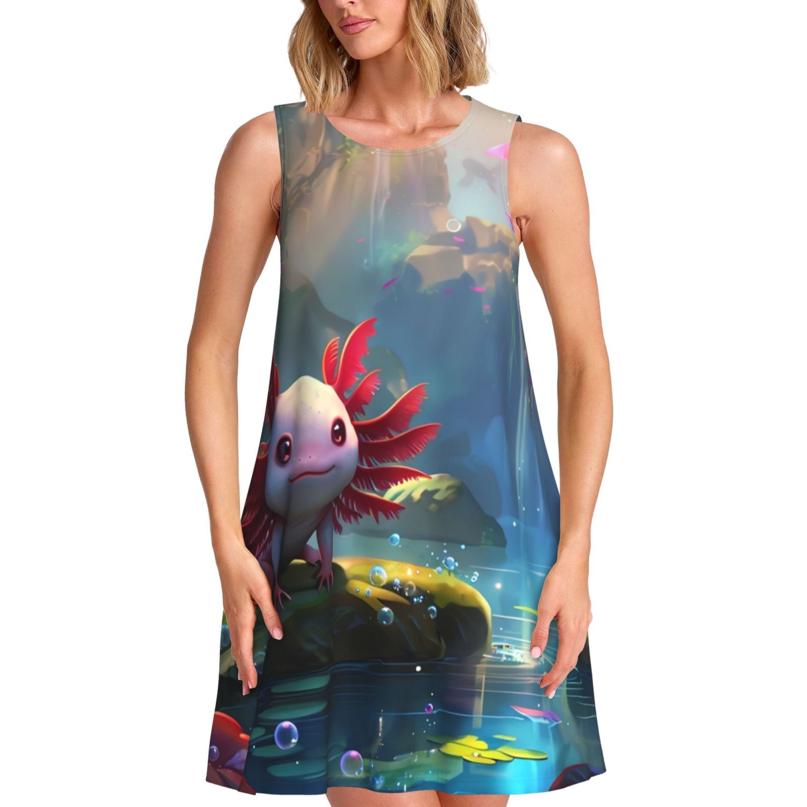 Ratiio Pond Cute Axolotl Pattern Women's Sleeveless Dress - Casual ...