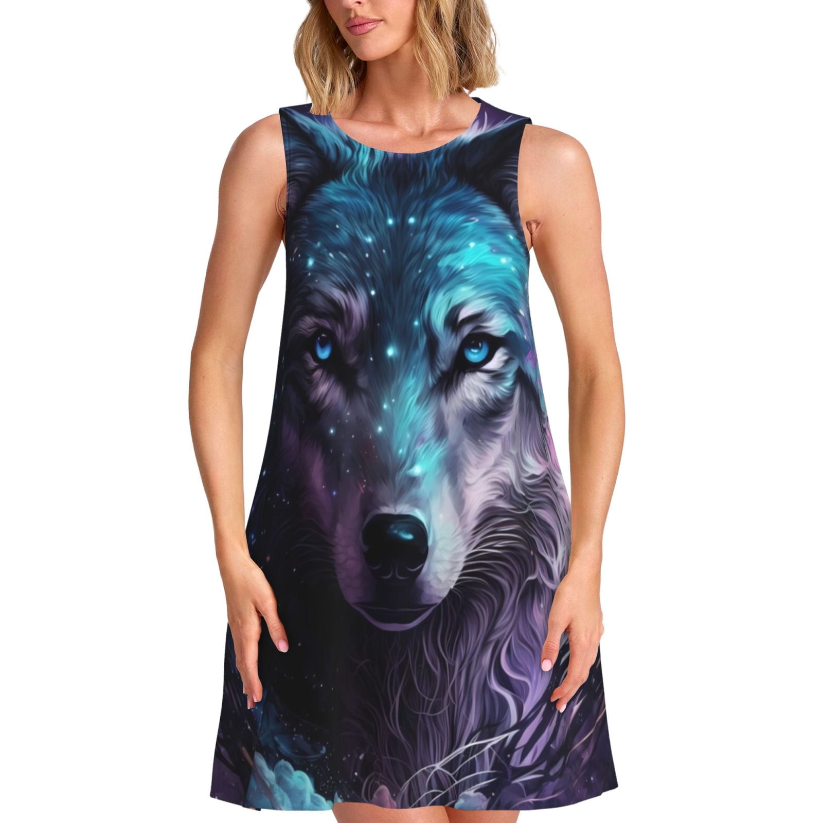 Ratiio Purple Sky Wolf Pattern Women's Sleeveless Dress - Casual Summer ...