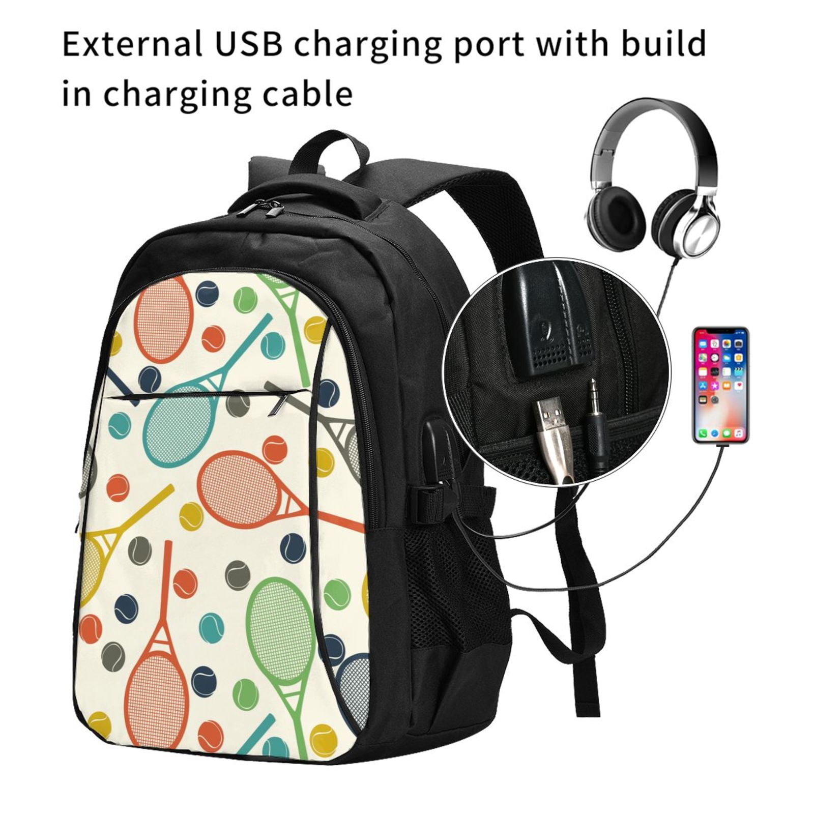 Ratiio Racket and Tennis Ball Print Travel Laptop Backpack,Slim Sturdy ...