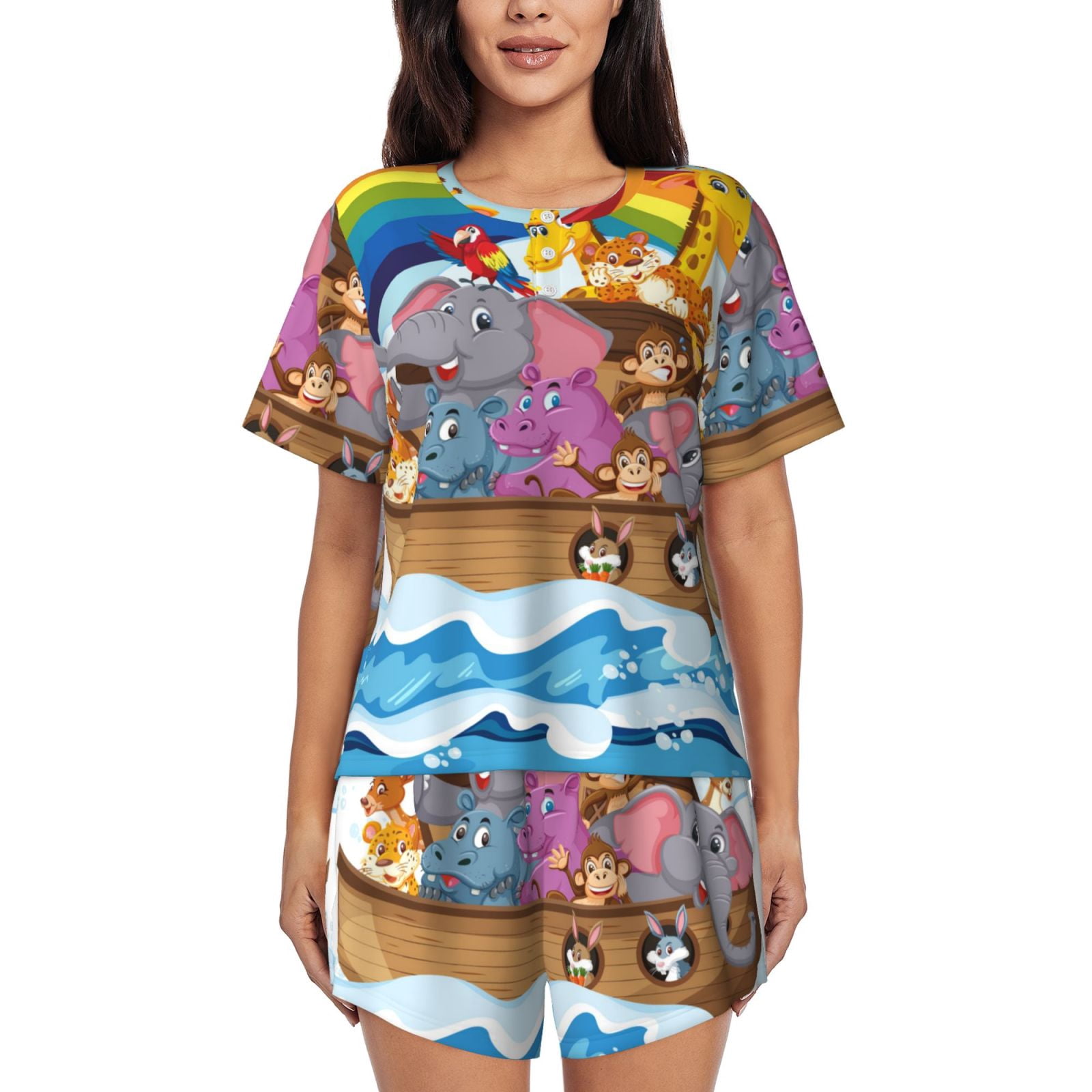 Ratiio Rainbow Animals on Noah's Ark Print Womens Pajama Sets 2 Piece ...