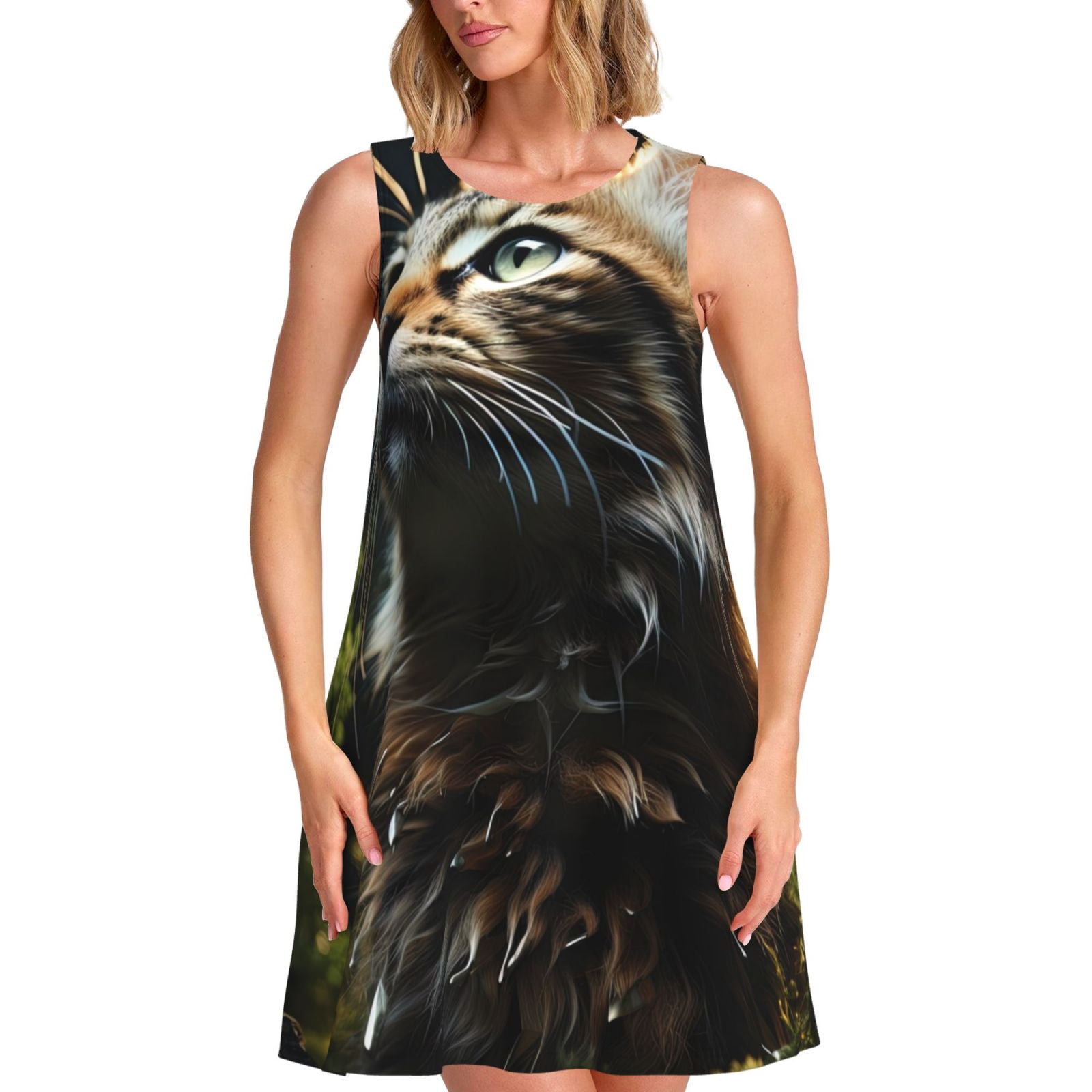Ratiio Realistic Style Cute Cat Pattern Women's Sleeveless Dress ...