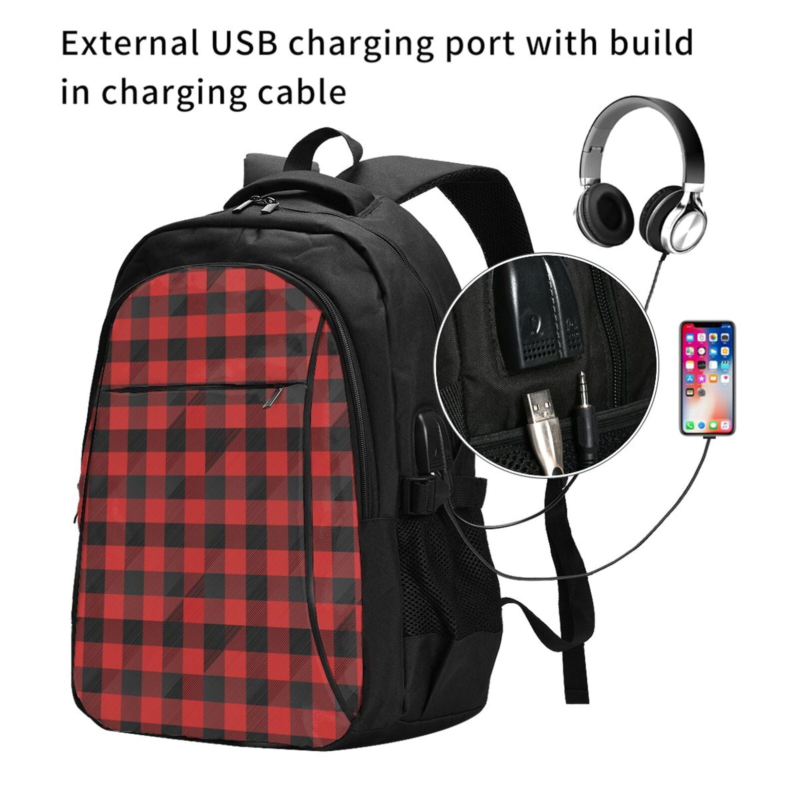 Ratiio Red Black Plaid Print Travel Laptop Backpack,Slim Sturdy Laptops ...